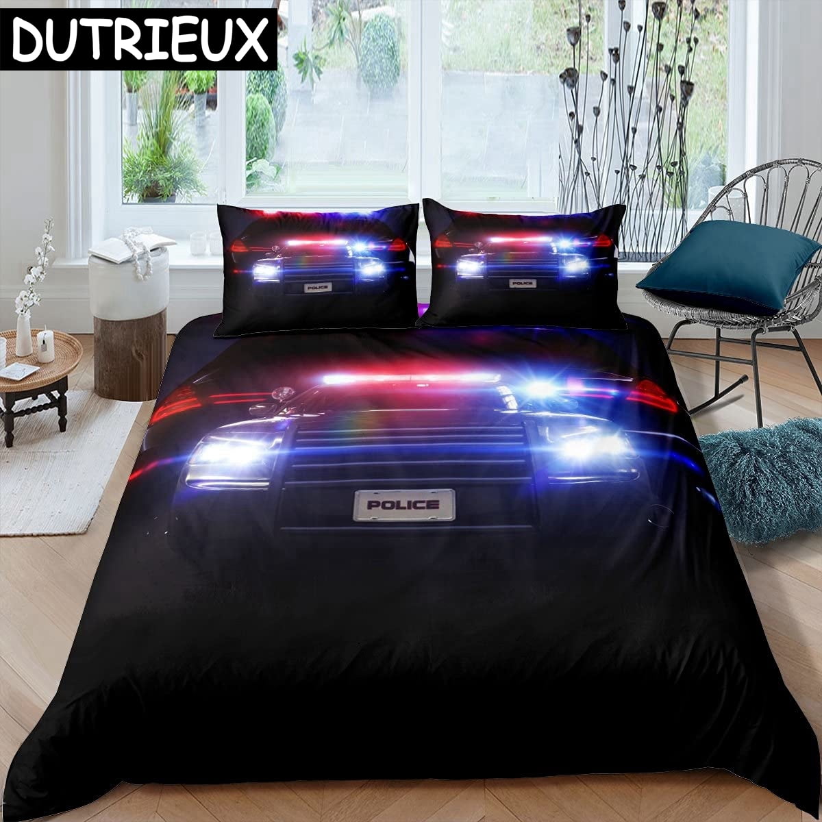 Police Car King Duvet Cover Cartoon Car Bedding Set Kids Boys Blue Grey ...