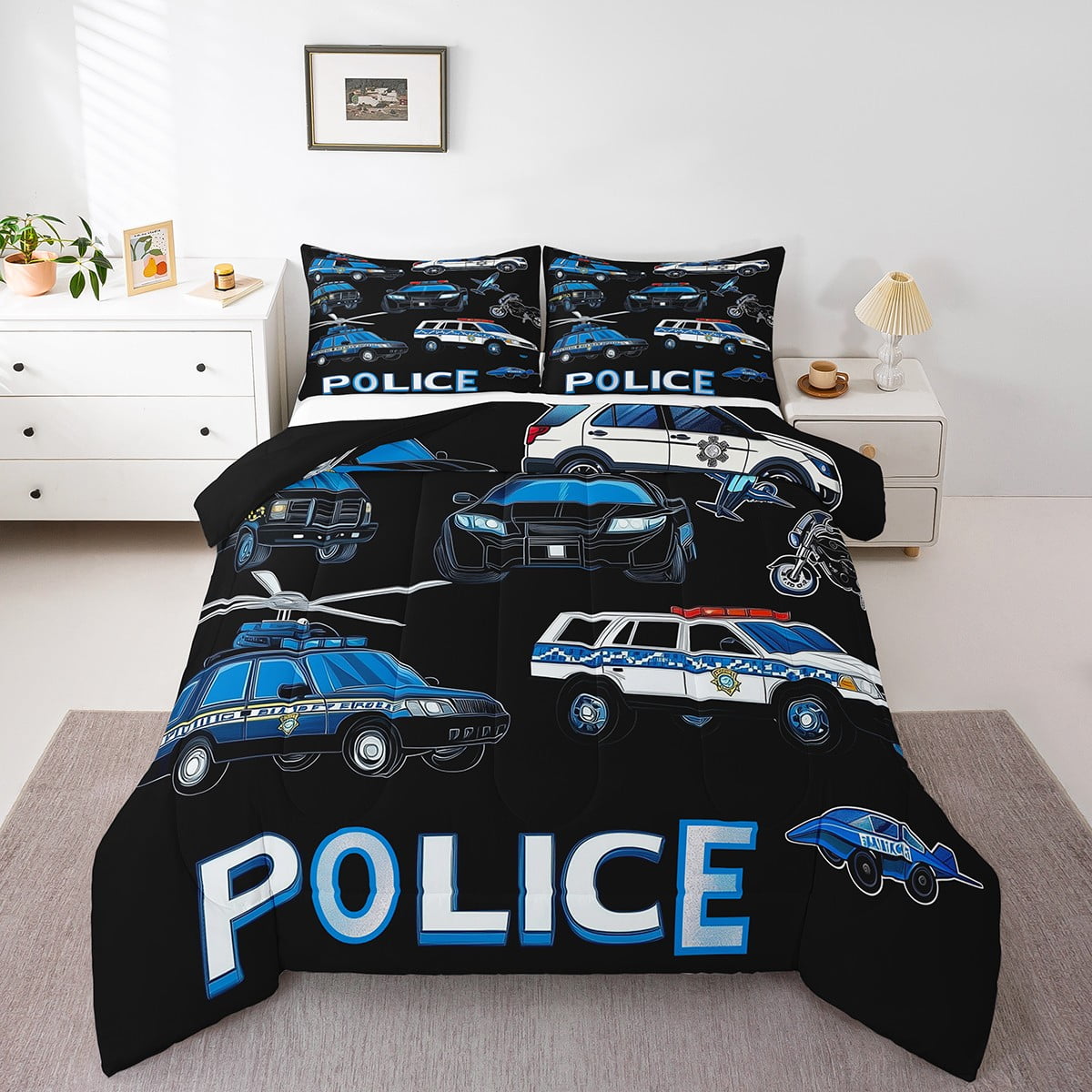 Police Car Queen Comforter Set Blue Red Cop Lights Decor Bedding Sets ...
