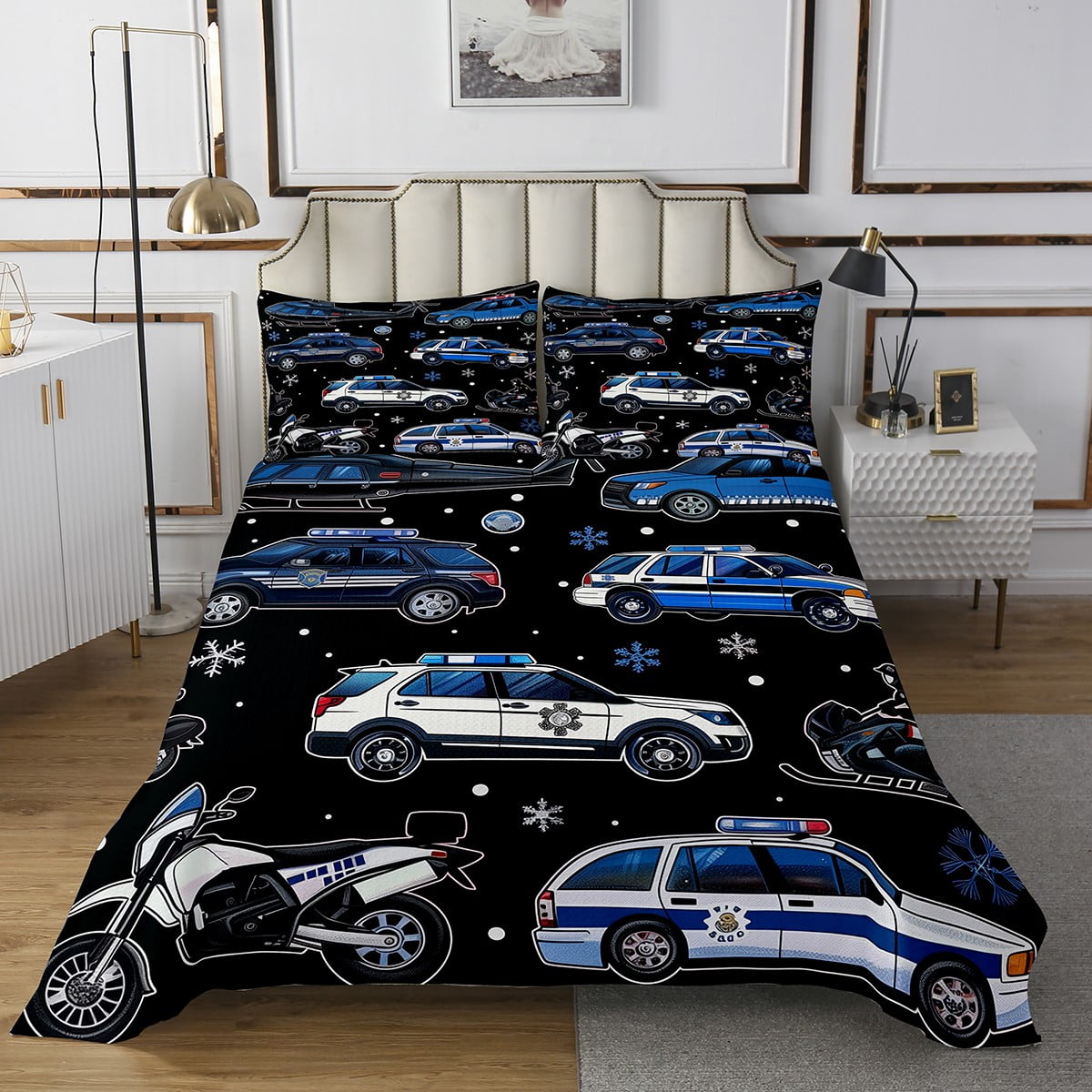 Police Car Quilt Set Twin Size Teens Policeman Vehicle Bedspread, Blue ...