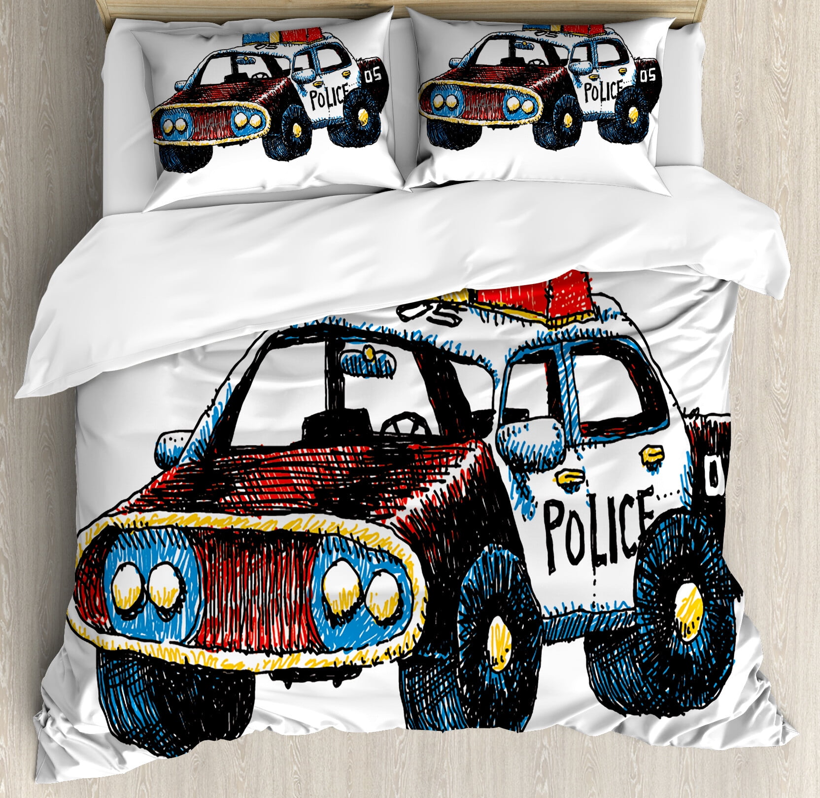 Police Duvet Cover Set, Cartoon Hand Drawn Police Car Unusual Design ...