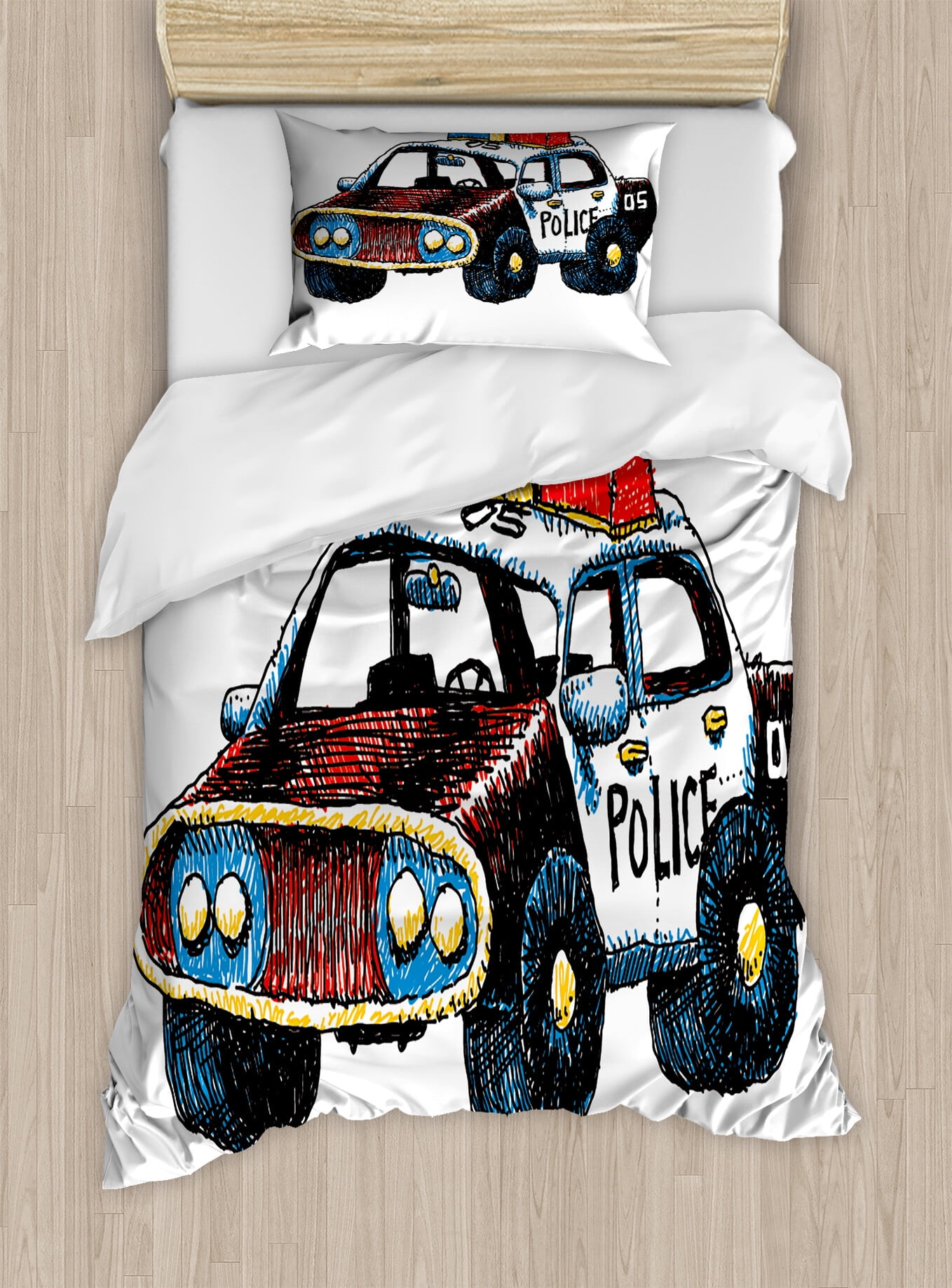 Police Duvet Cover Set, Cartoon Hand Drawn Police Car Unusual Design ...