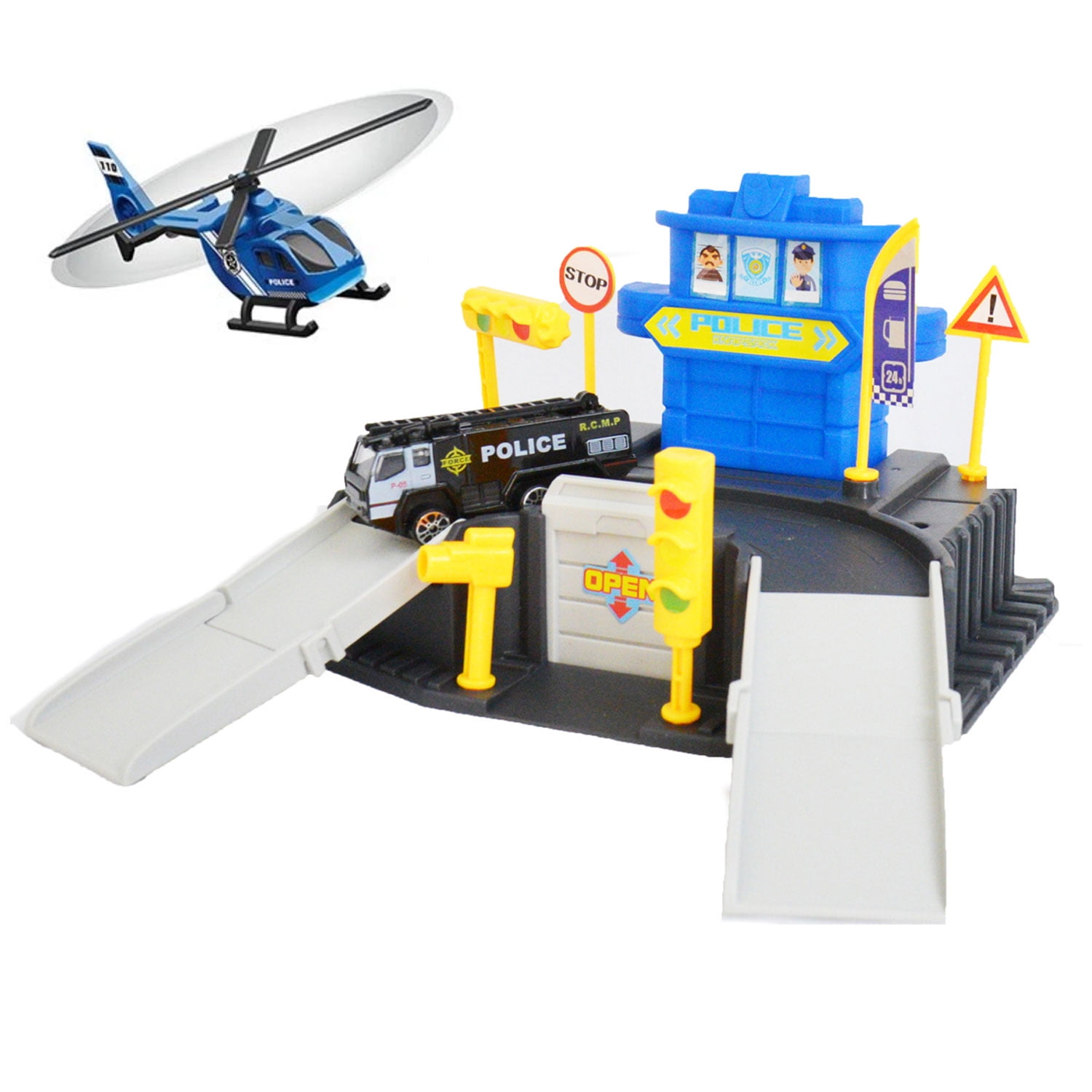 Police Fire Fighting Squad Parking Garage Toy Set, Includes Firefighter ...