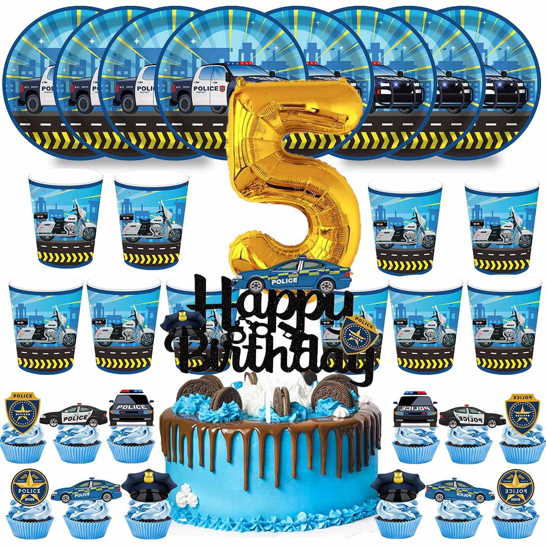 Police Policecar Birthday 5th Cups Party Supplies Plates Fans ...