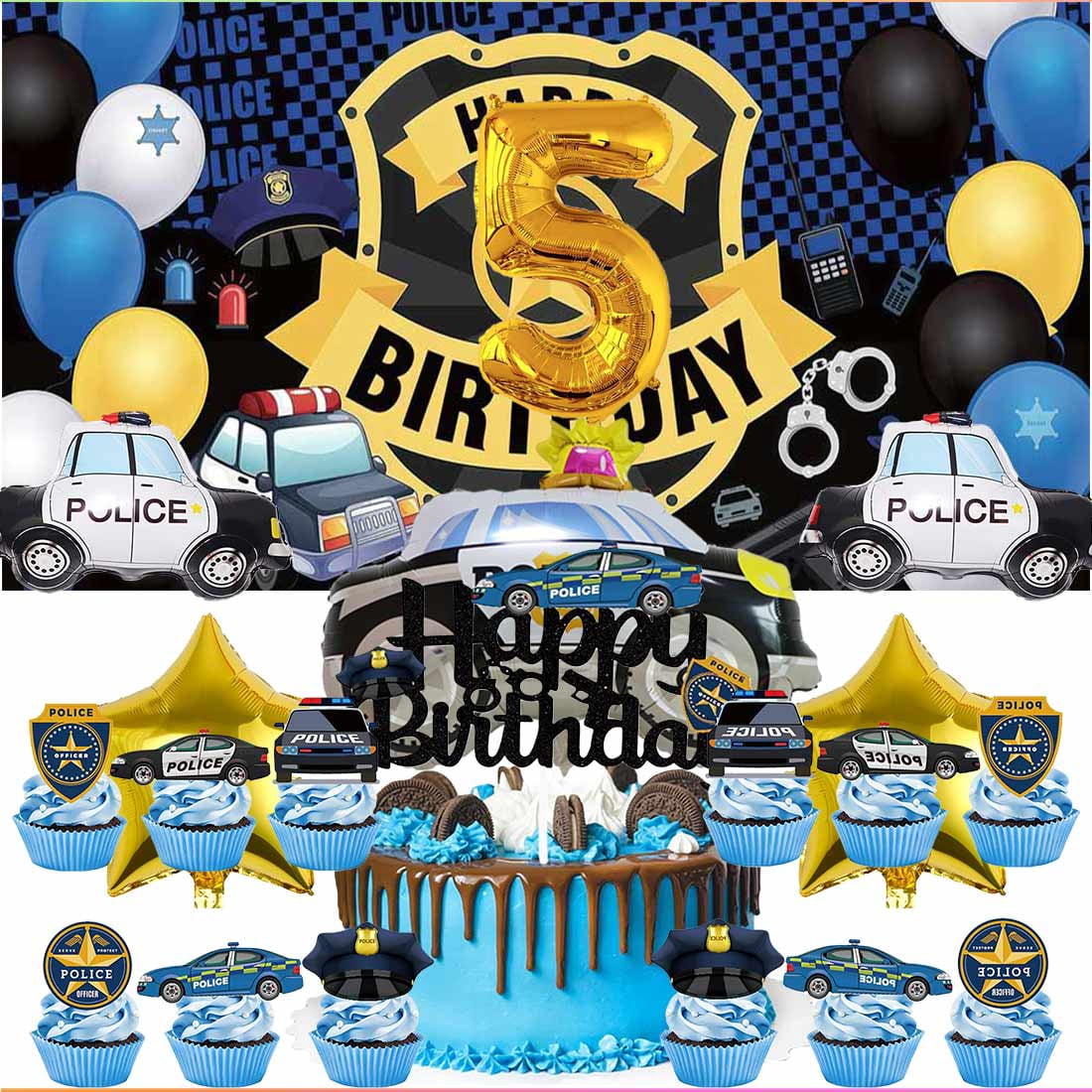 Police Policecar Party Supplies Decor 5th Kit Balloons Birthday Cake ...