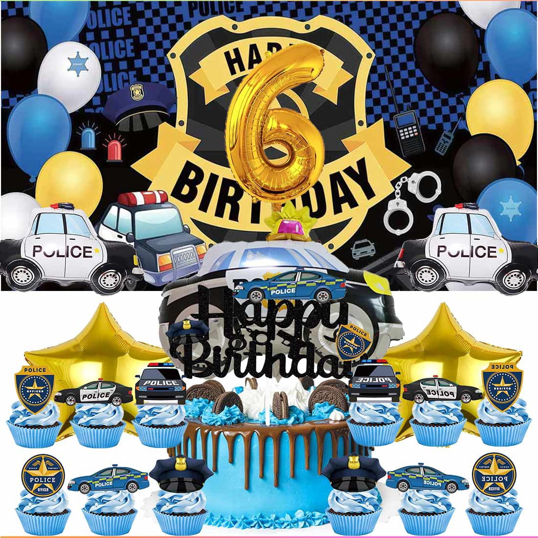 Police Policecar Party Supplies Decor 6th Kit Balloons Birthday Cake ...