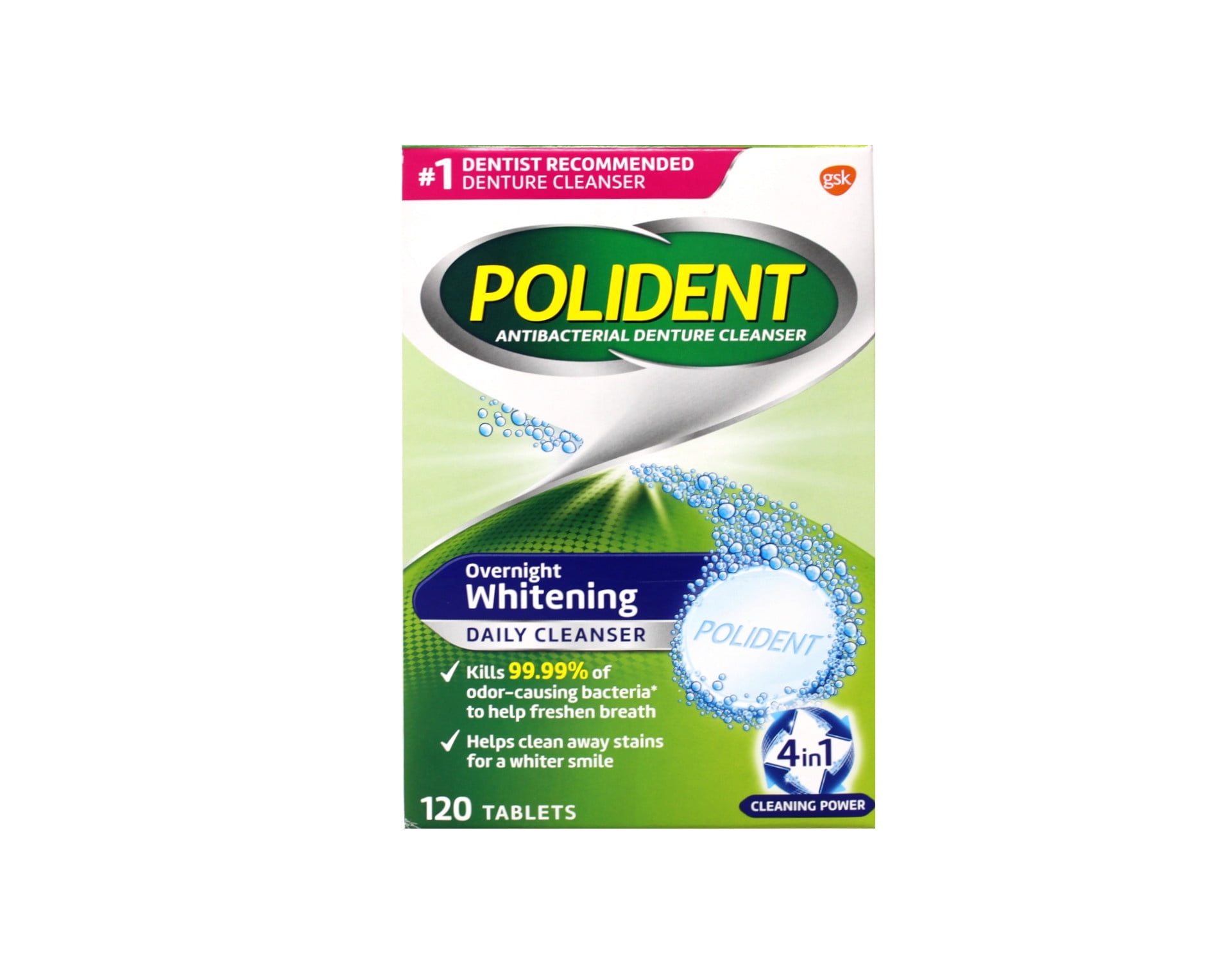 Polident Daily Antibacterial Overnight Whitening Denture Cleaner, 120 ...
