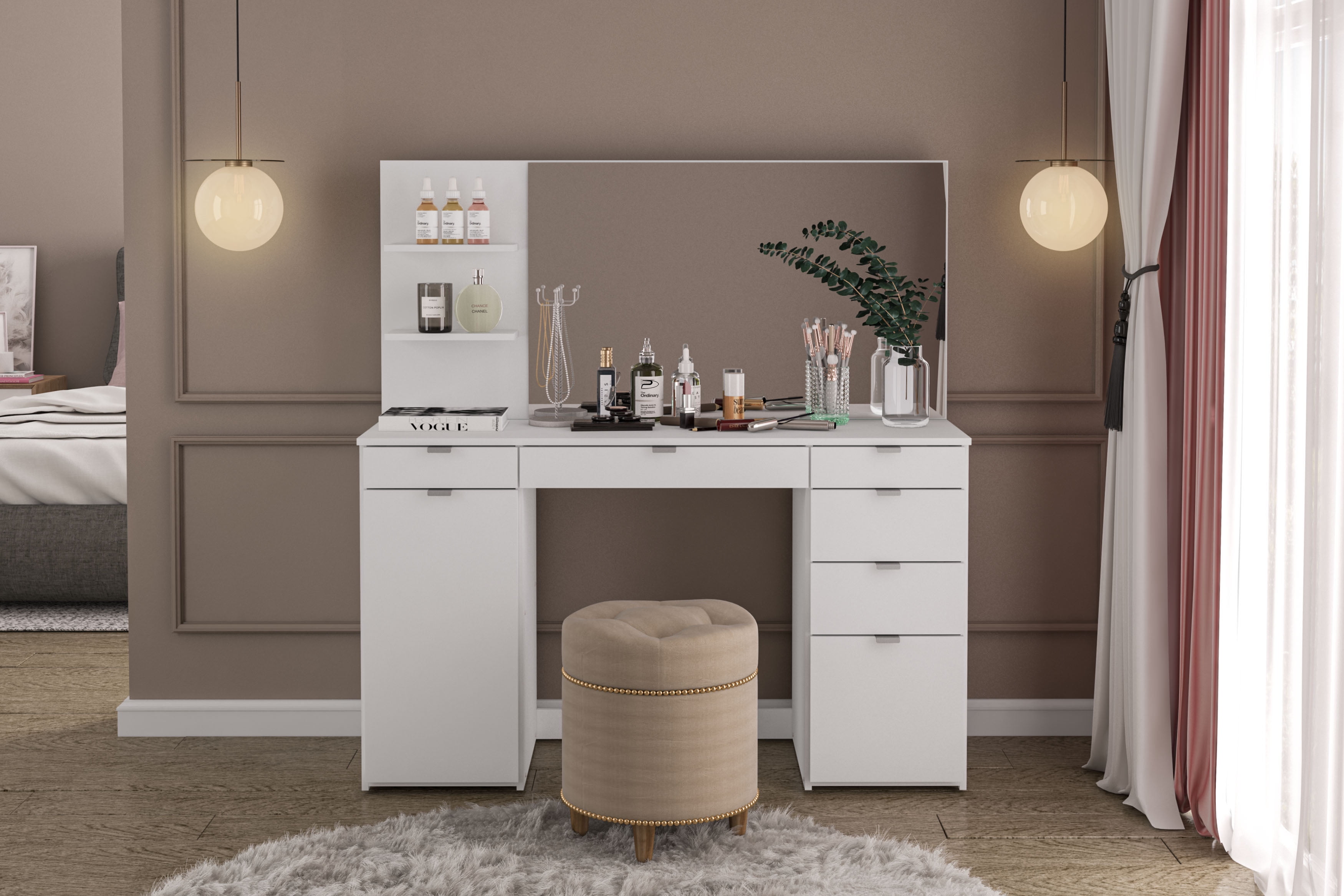 Polifurniture Amelia Modern Bedroom Vanity Table with Mirror, White ...