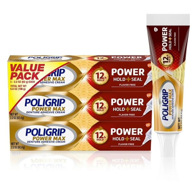 Poligrip Power Max Power Hold + Seal Denture Cream, Flavor Free - 3 x 2 ...