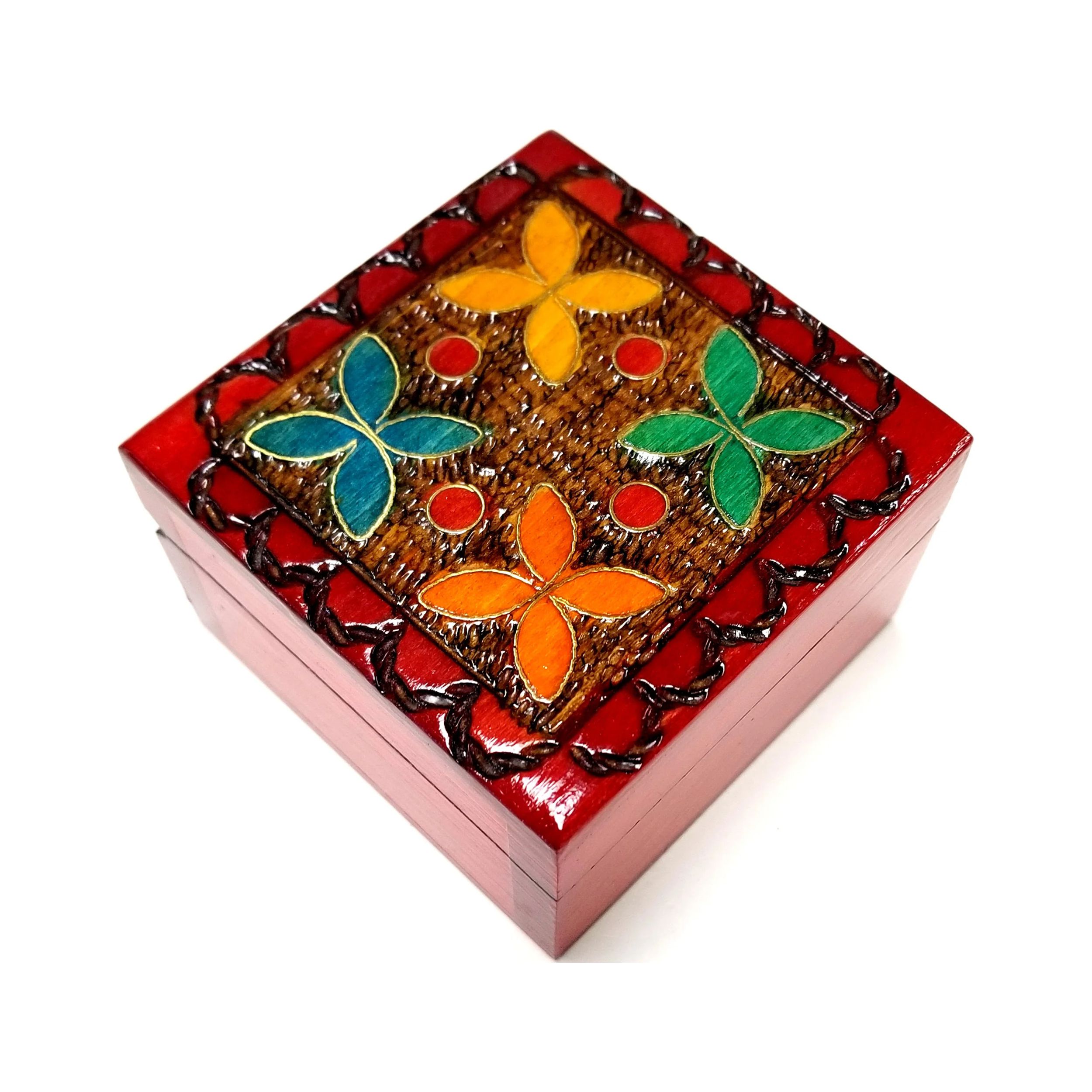 Polish Floral Colorful Wooden Box with Brass Inlays, 3"x3", Red ...