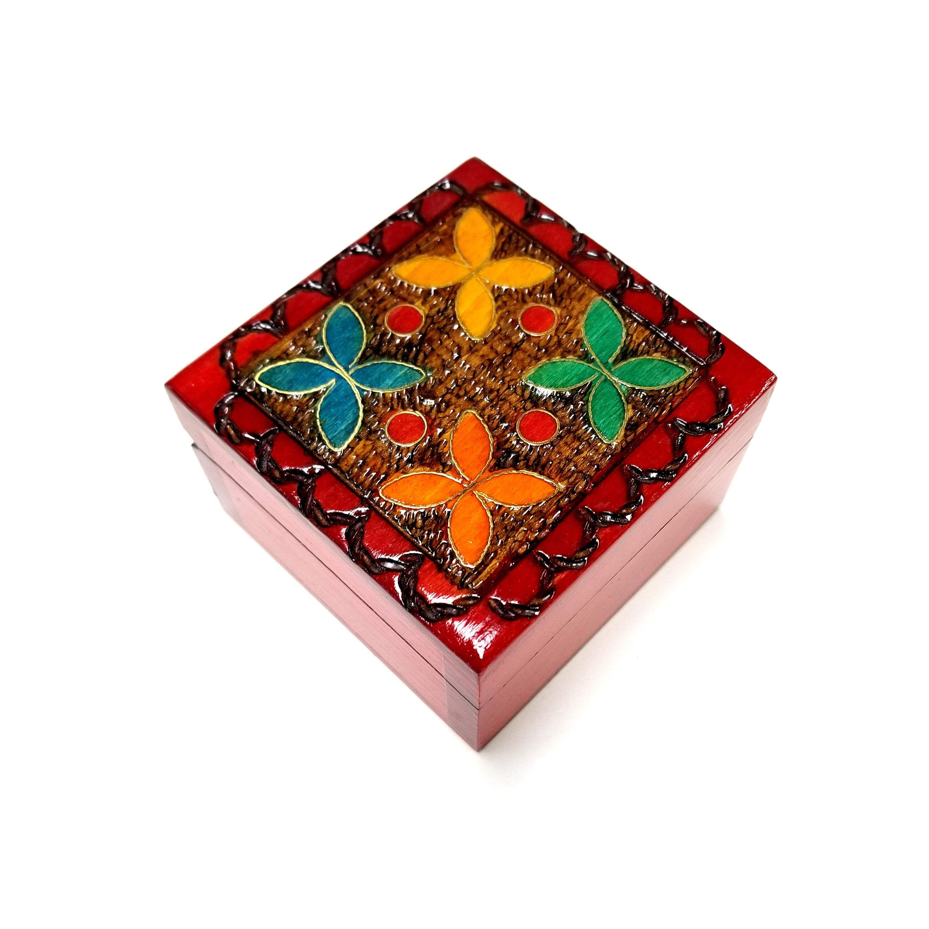Polish Floral Colorful Wooden Box with Brass Inlays, 3"x3", Red ...