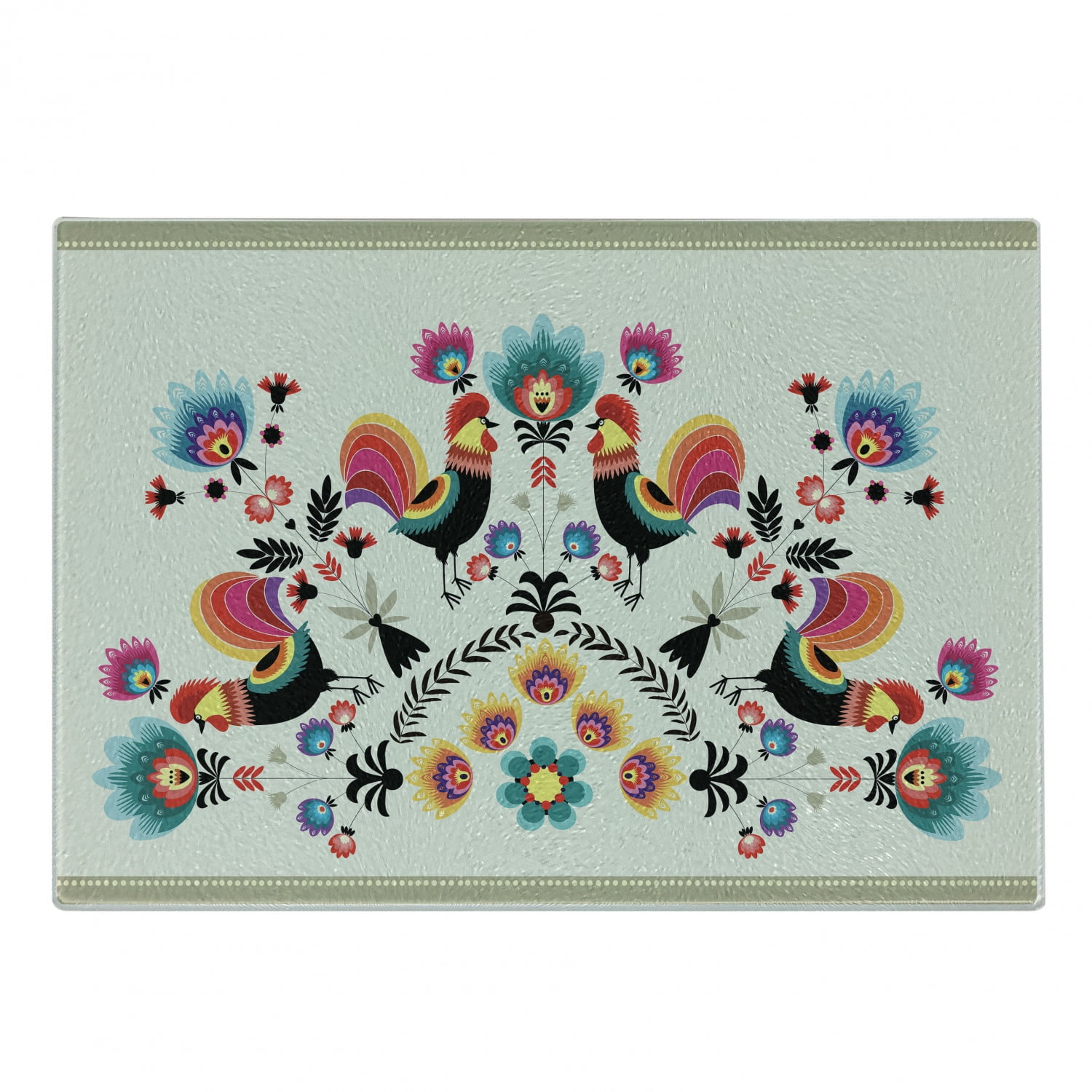 Polish Folk Art Cutting Board, Themed Illustration with Vivid Roosters ...