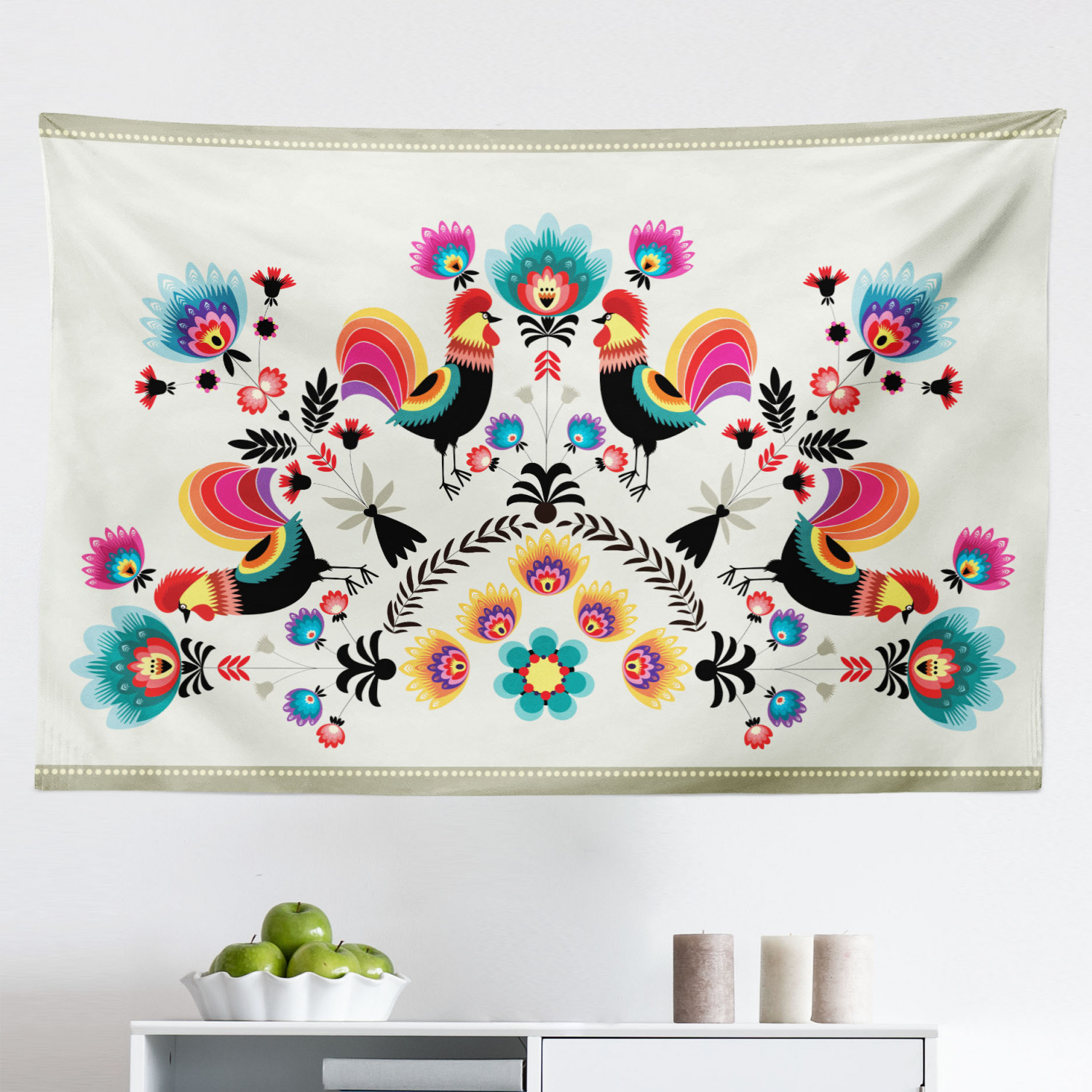 Polish Folk Art Tapestry, Flourish Motif with Colorful Flowers and ...