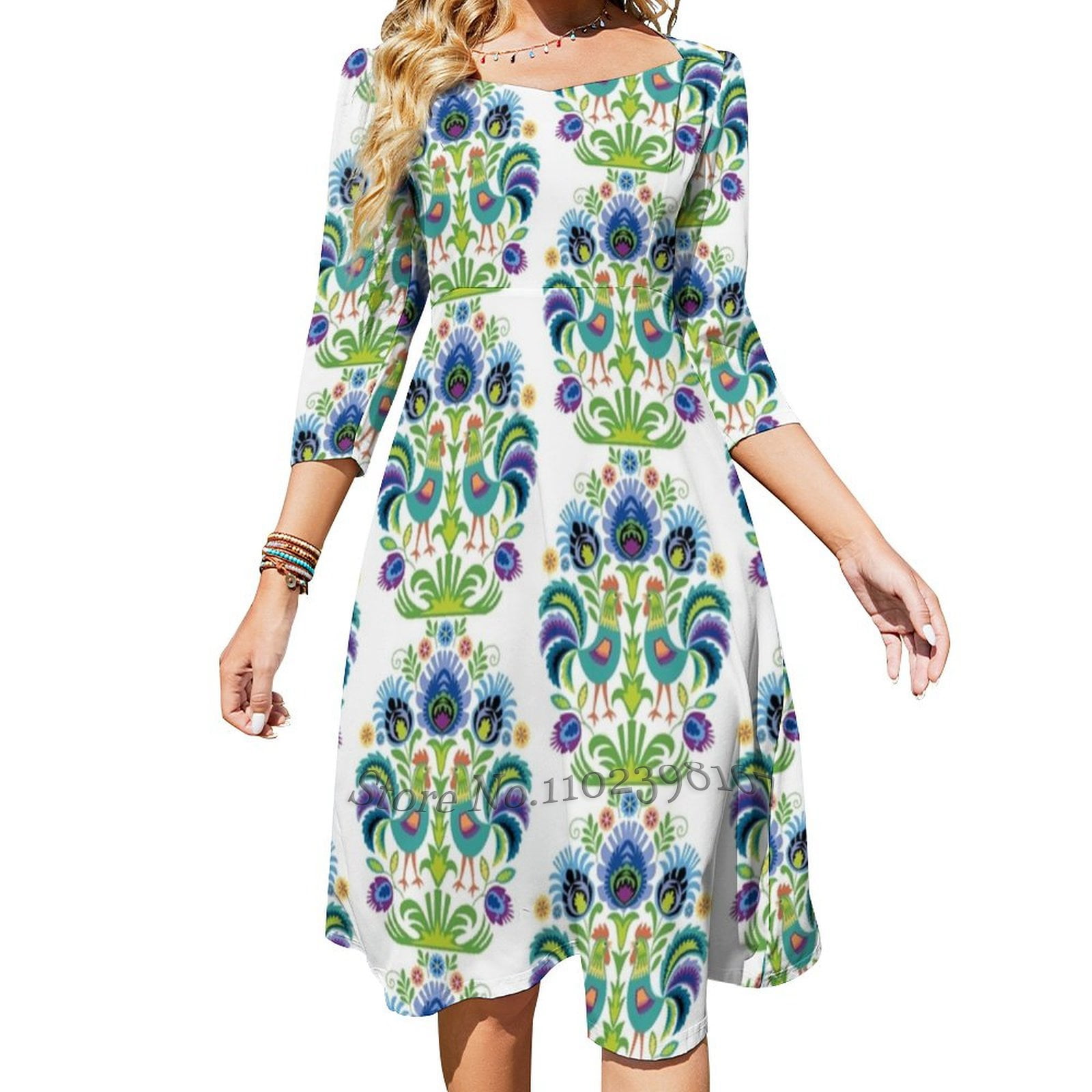 Polish Folk Design Two Roosters Square Neck Dress New Plus Size Elegant ...