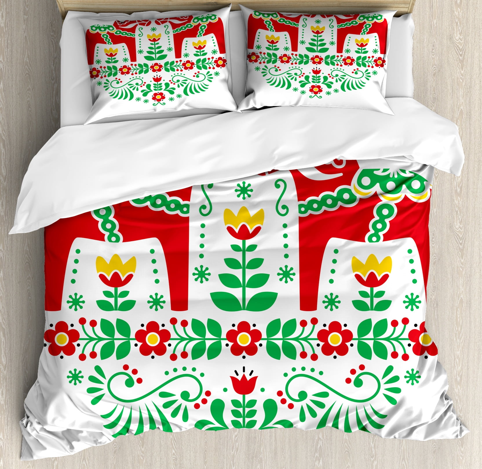 Polish Folk Duvet Cover Set, Floral Ornament with Dala Horse Symmetric ...