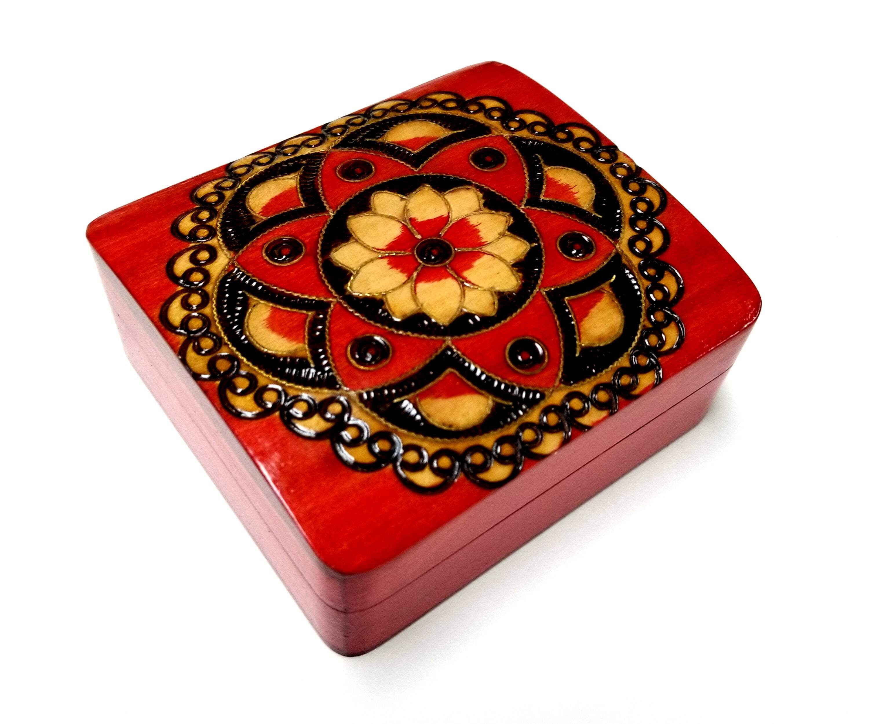 Polish Folk Floral Rosette Wooden Box with Brass Inlays, 4.5"x4", Red ...