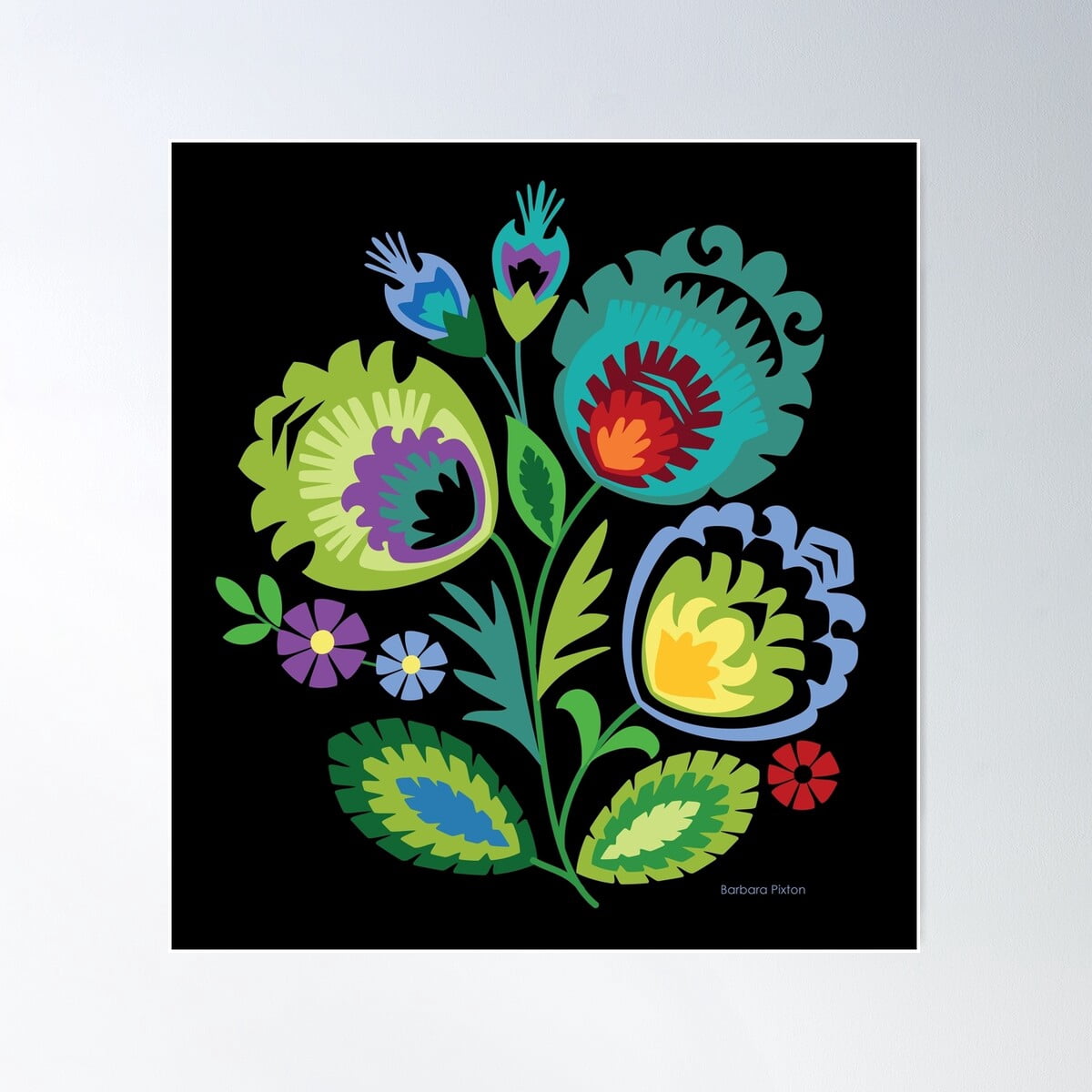 Polish Folk Flowers Green On Black Poster Wall Art, Modern Wall Decor ...