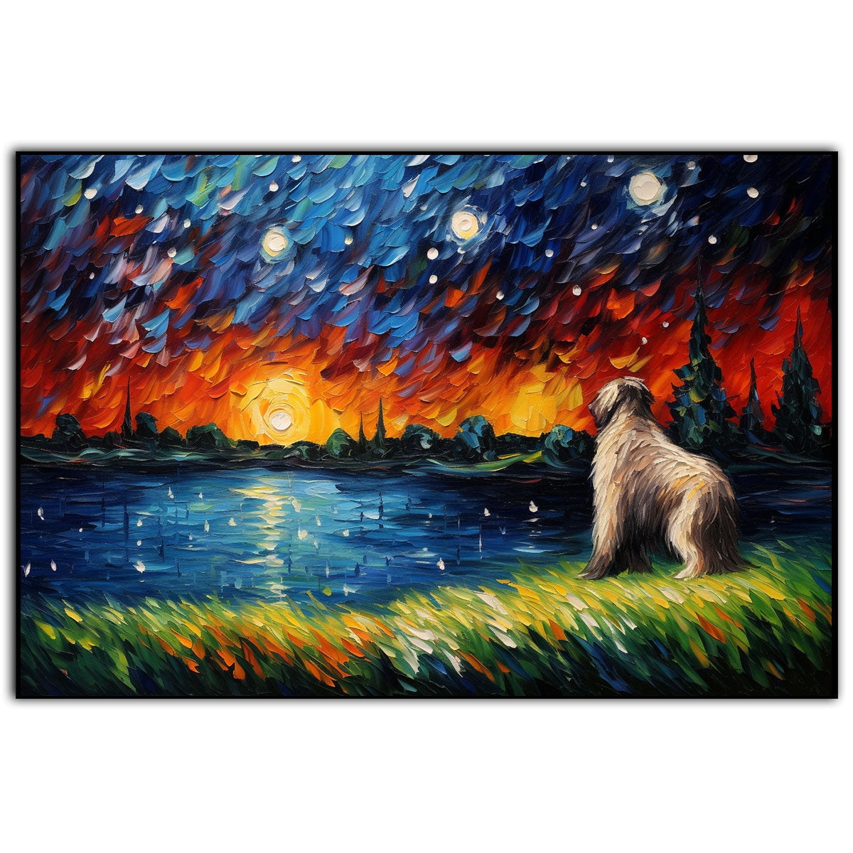 Polish Lowland Sheepdog Dog Watercolor Starry Night Van Gogh Painting ...