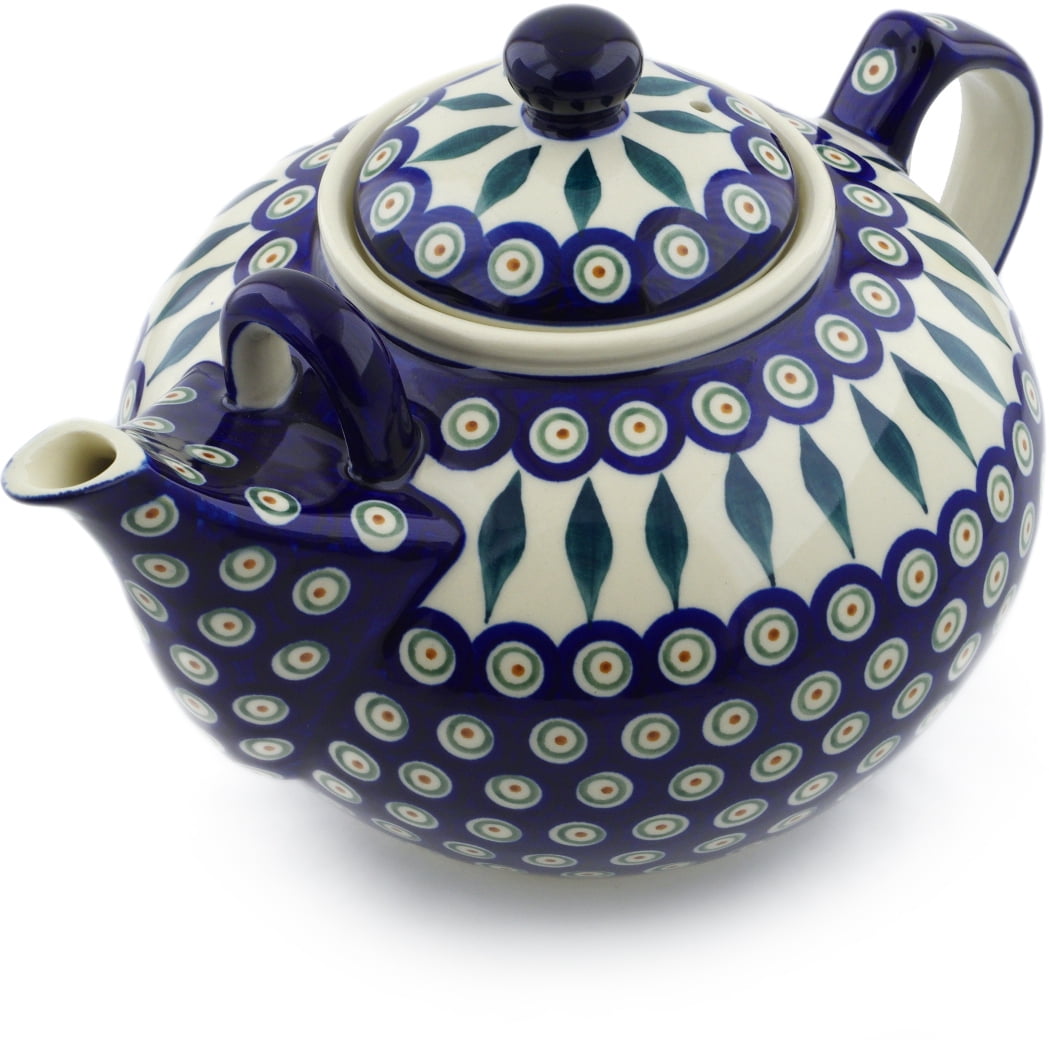Polish Pottery 100 oz Tea or Coffee Pot (Peacock Leaves Theme) Hand ...