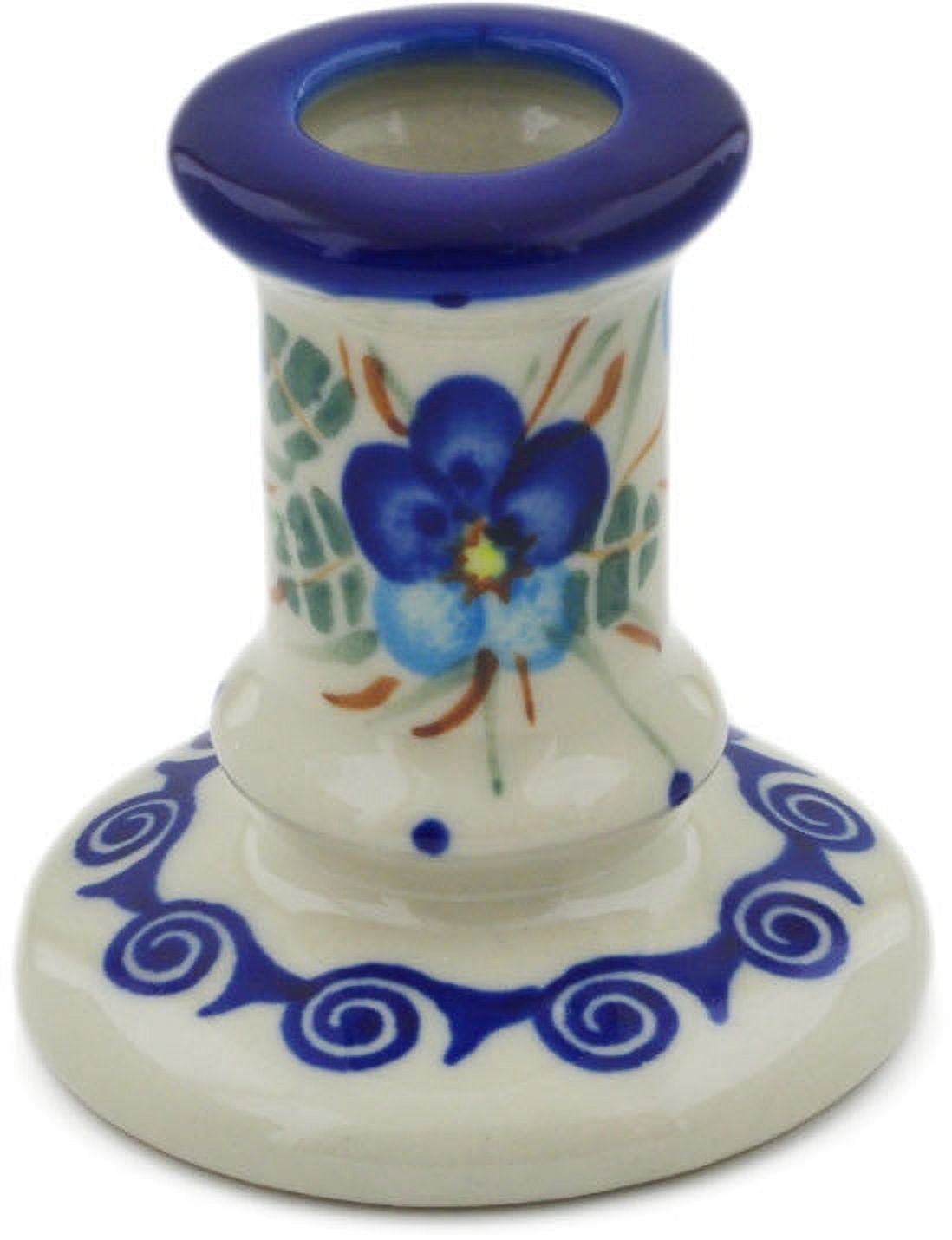 Polish Pottery 2½-inch Candle Holder (Blue Pansy Theme) Hand Painted in ...