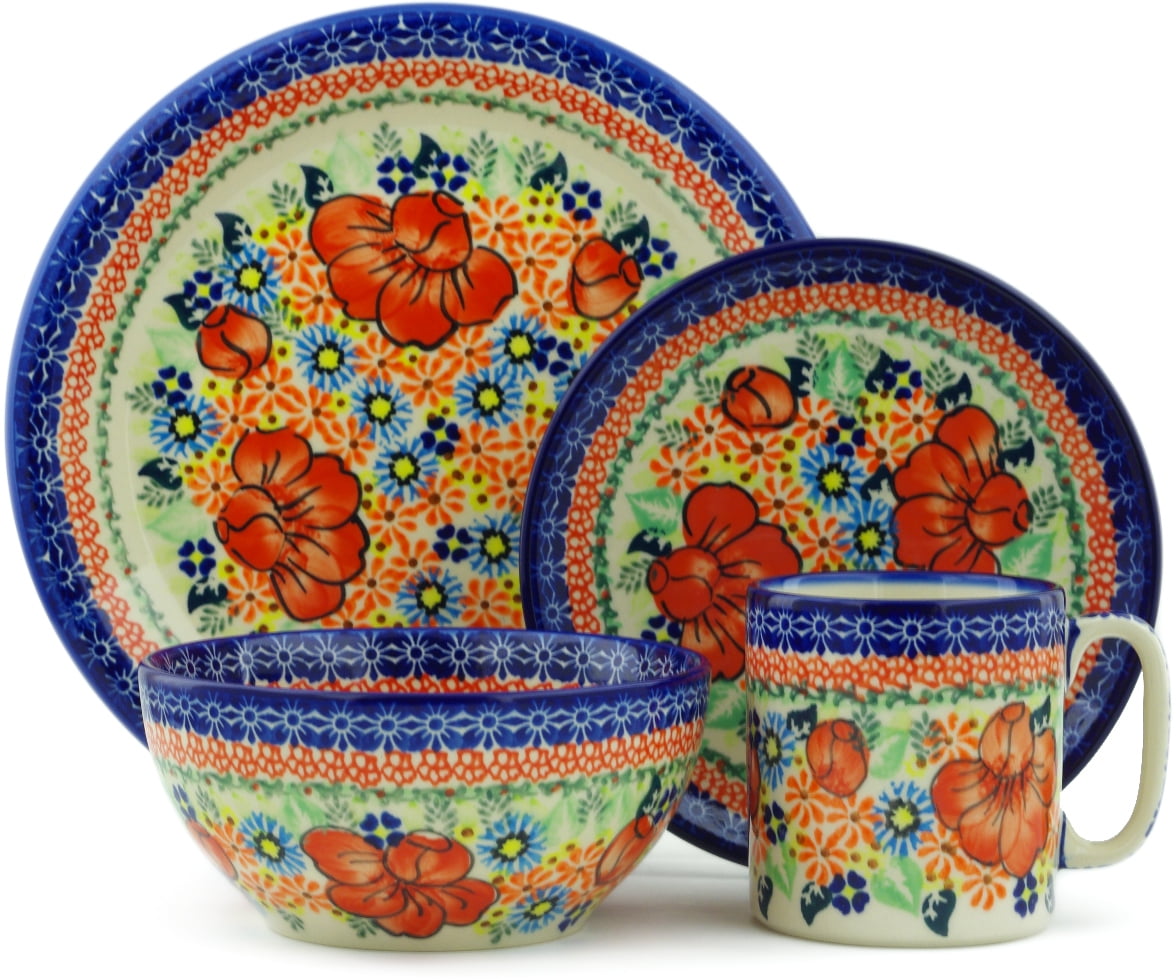 Polish Pottery 4 Piece Place Setting Polmedia Bold Poppies Theme UNIKAT ...