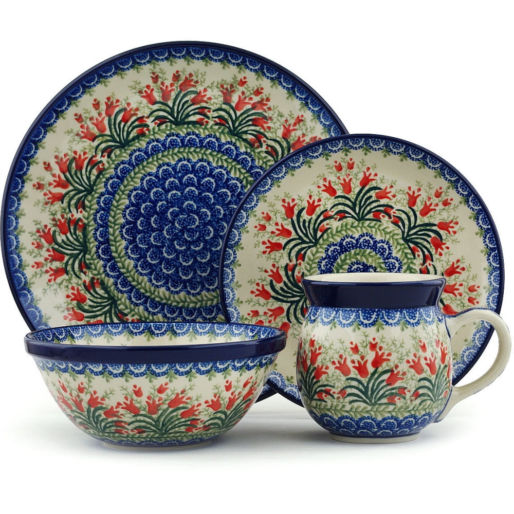 Polish Pottery 4pc Place Setting Polmedia Crimson Bells Theme Hand ...