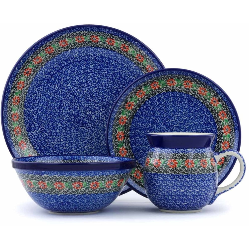 Polish Pottery 4-Piece Place Setting Polmedia Red Zinnia Theme Hand ...