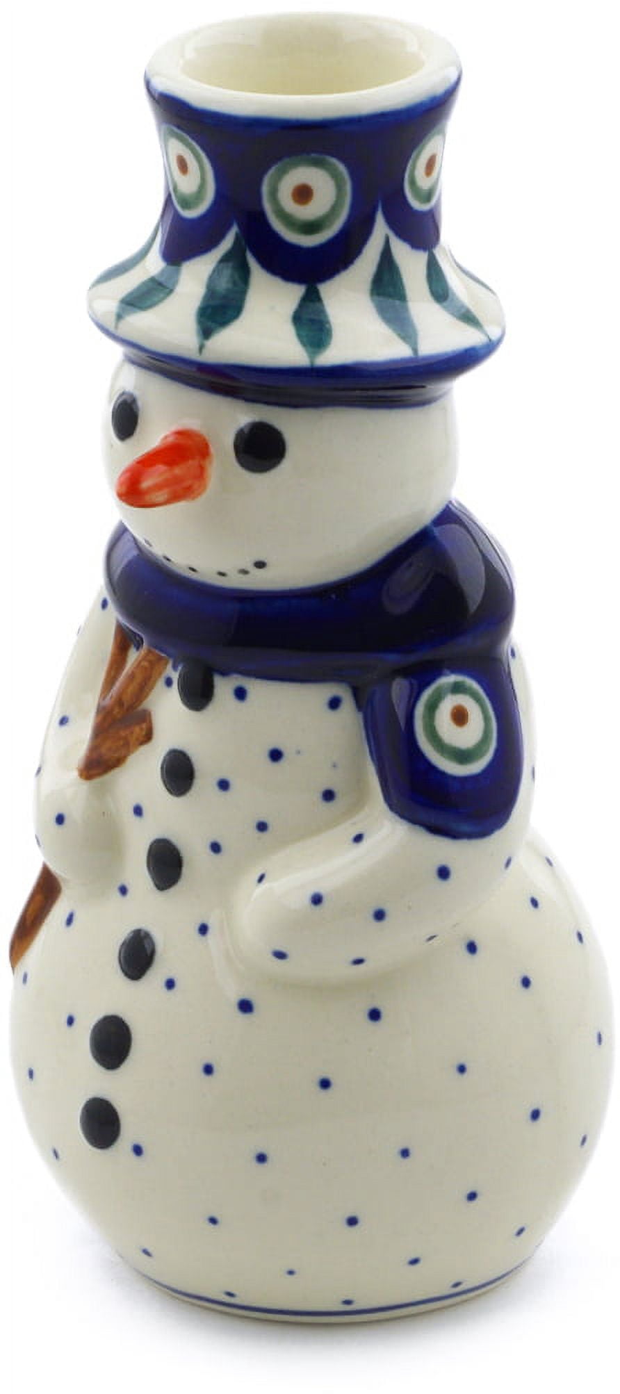 Polish Pottery 6½-inch Snowman Candle Holder (Peacock Leaves Theme ...