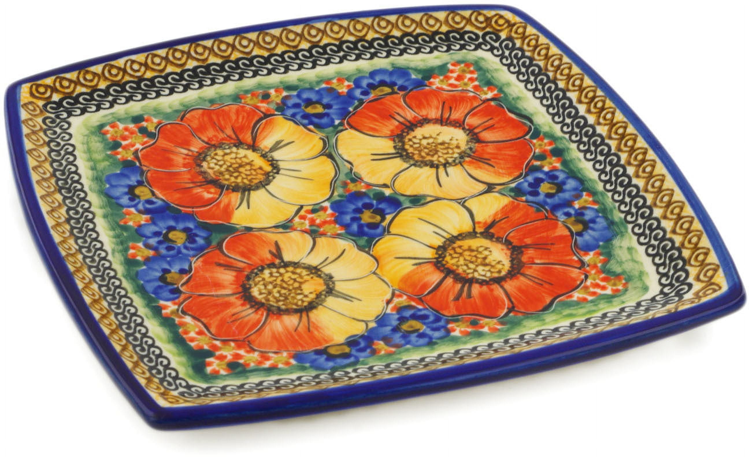 Polish Pottery Square Plate (Bright Beauty Theme) Signature UNIKAT Hand ...