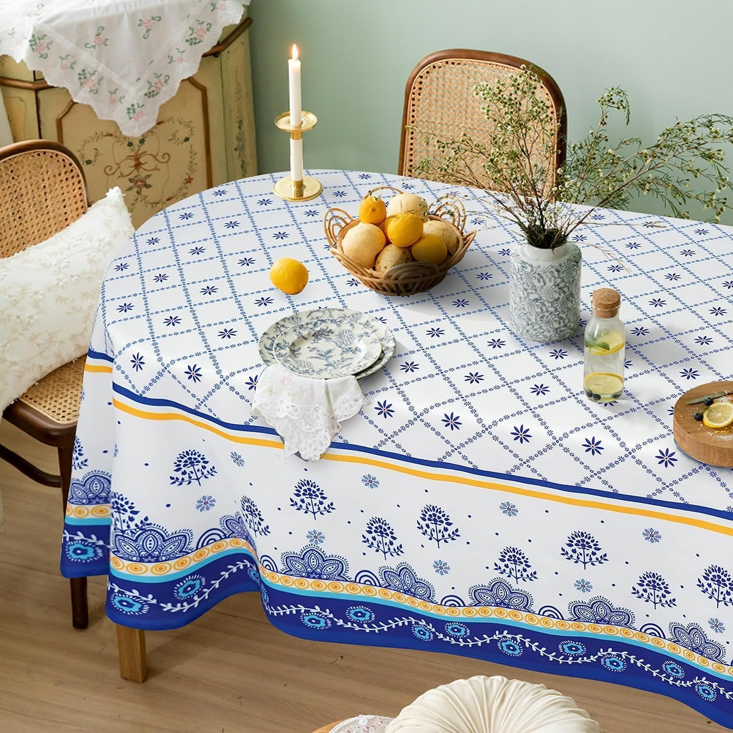Polish Pottery Style Tablecloth, Blue Ceramic Table Cloth, Farmhouse ...