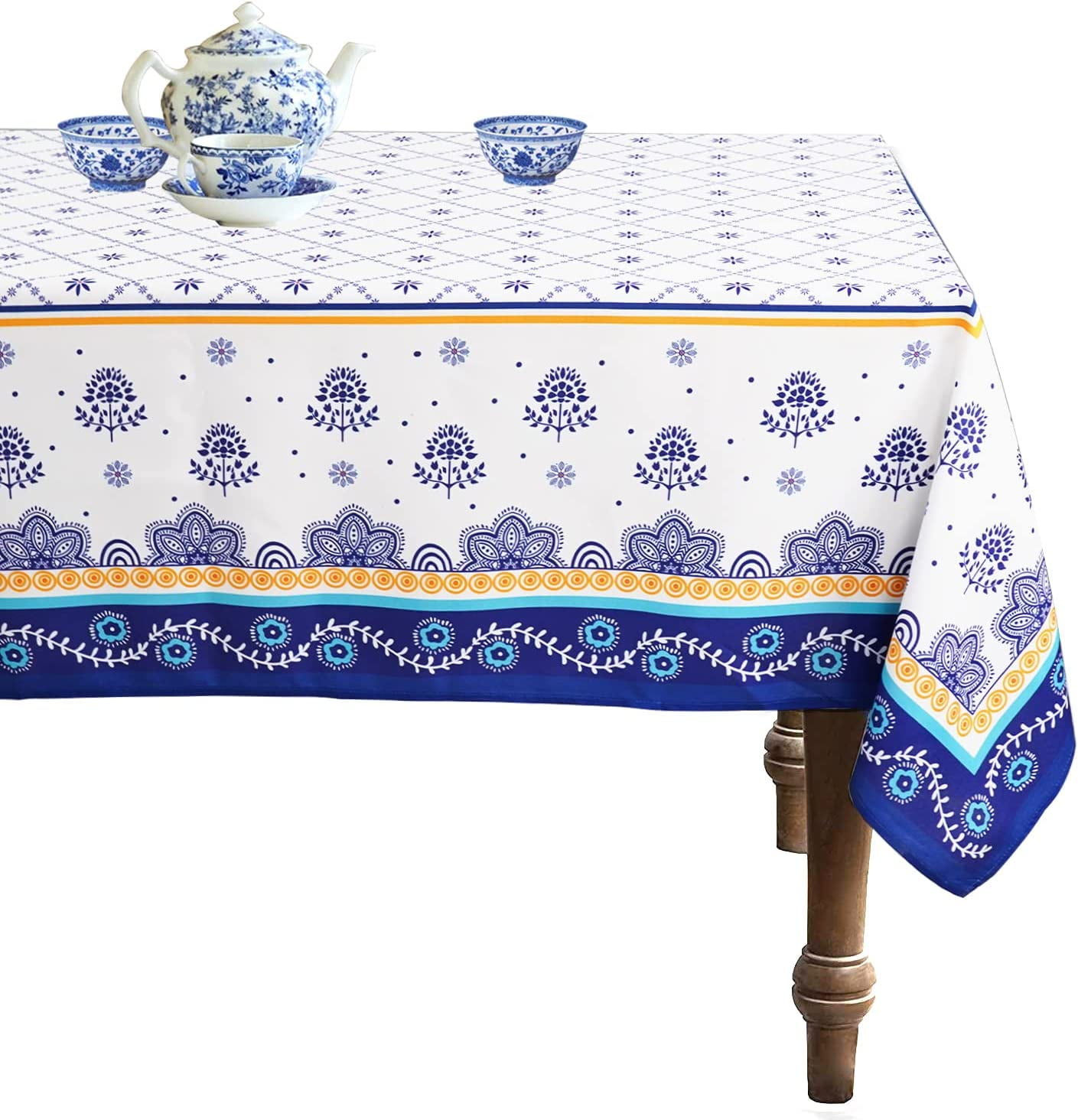 Polish Pottery Style Tablecloth, Blue Ceramic Table Cloth, Farmhouse ...