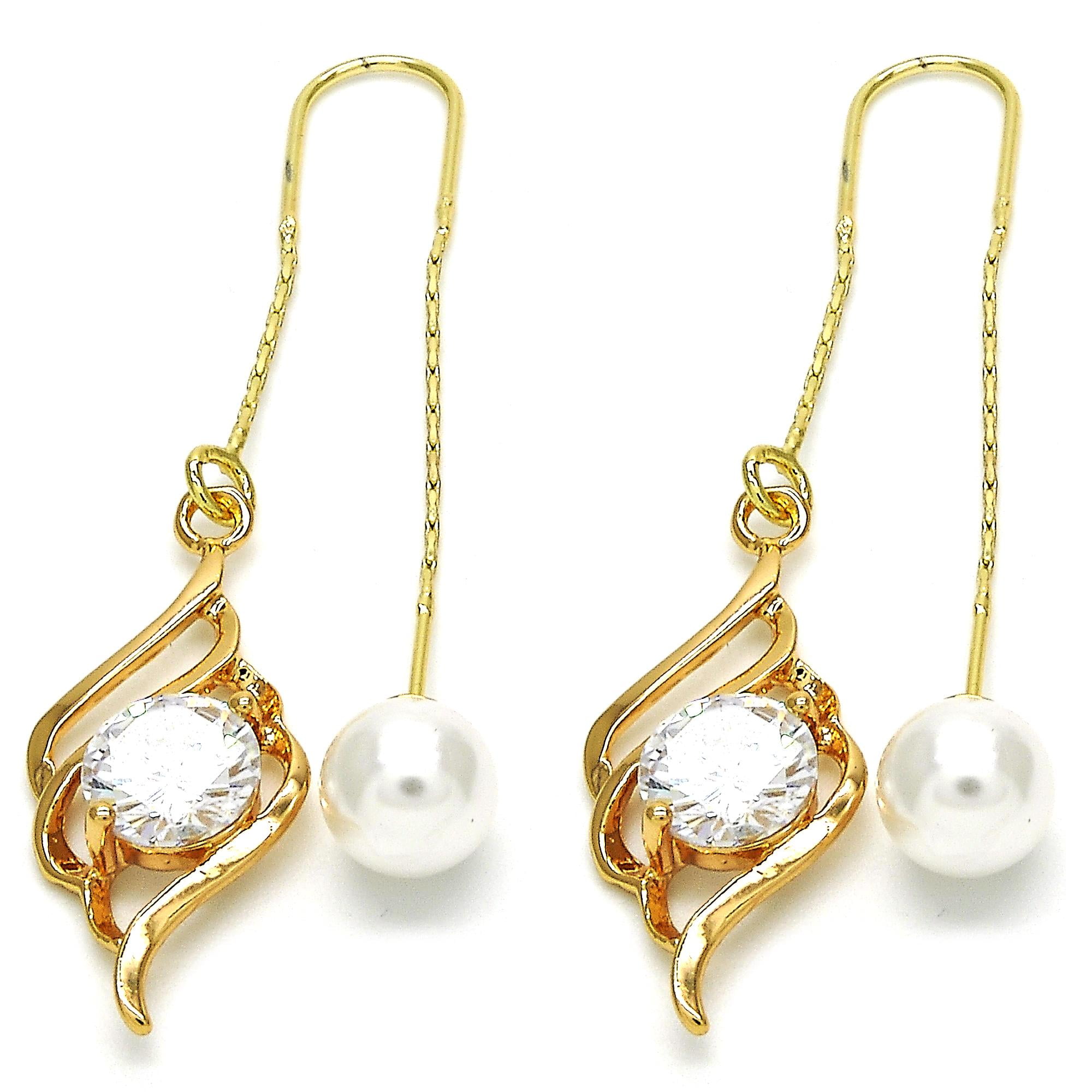 Polished 14k Yellow Gold Plated Clear Cubic Zirconia Threader Earrings ...