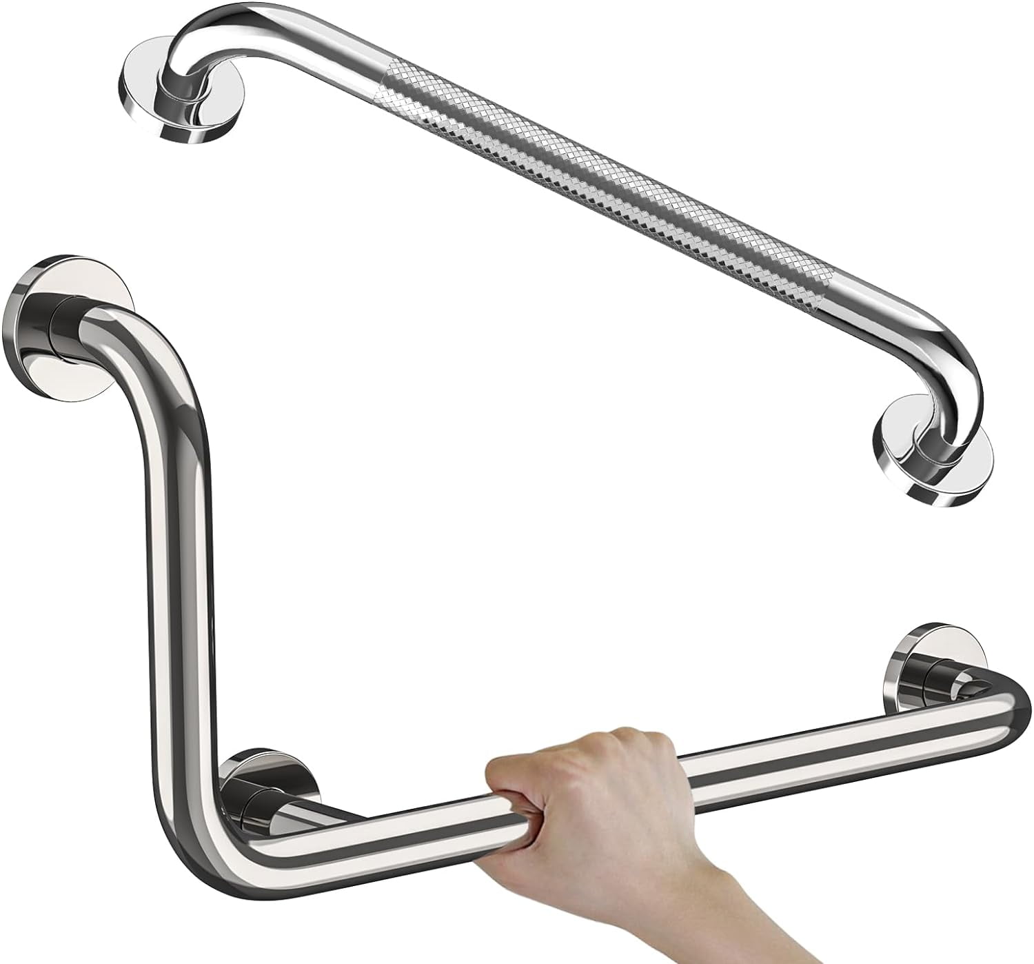 Polished Chrome L-Shaped Grab Bar 12x24 Inch + Knurled Shower Grab Rail ...