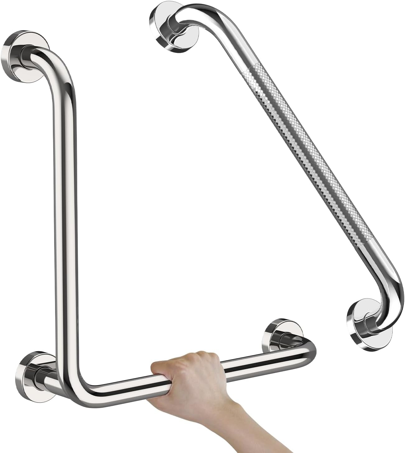 Polished Chrome L-Shaped Grab Bar 16x16 Inch + Knurled Shower Grab Rail ...