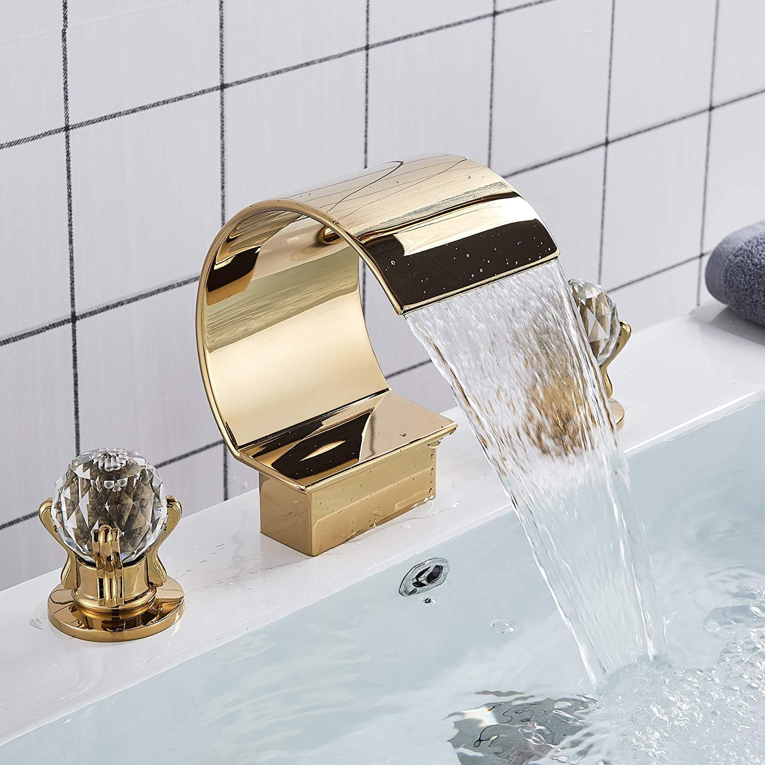 feetron Polished Gold Bathroom Faucet, 3 Hole Design, Dual Crystal ...