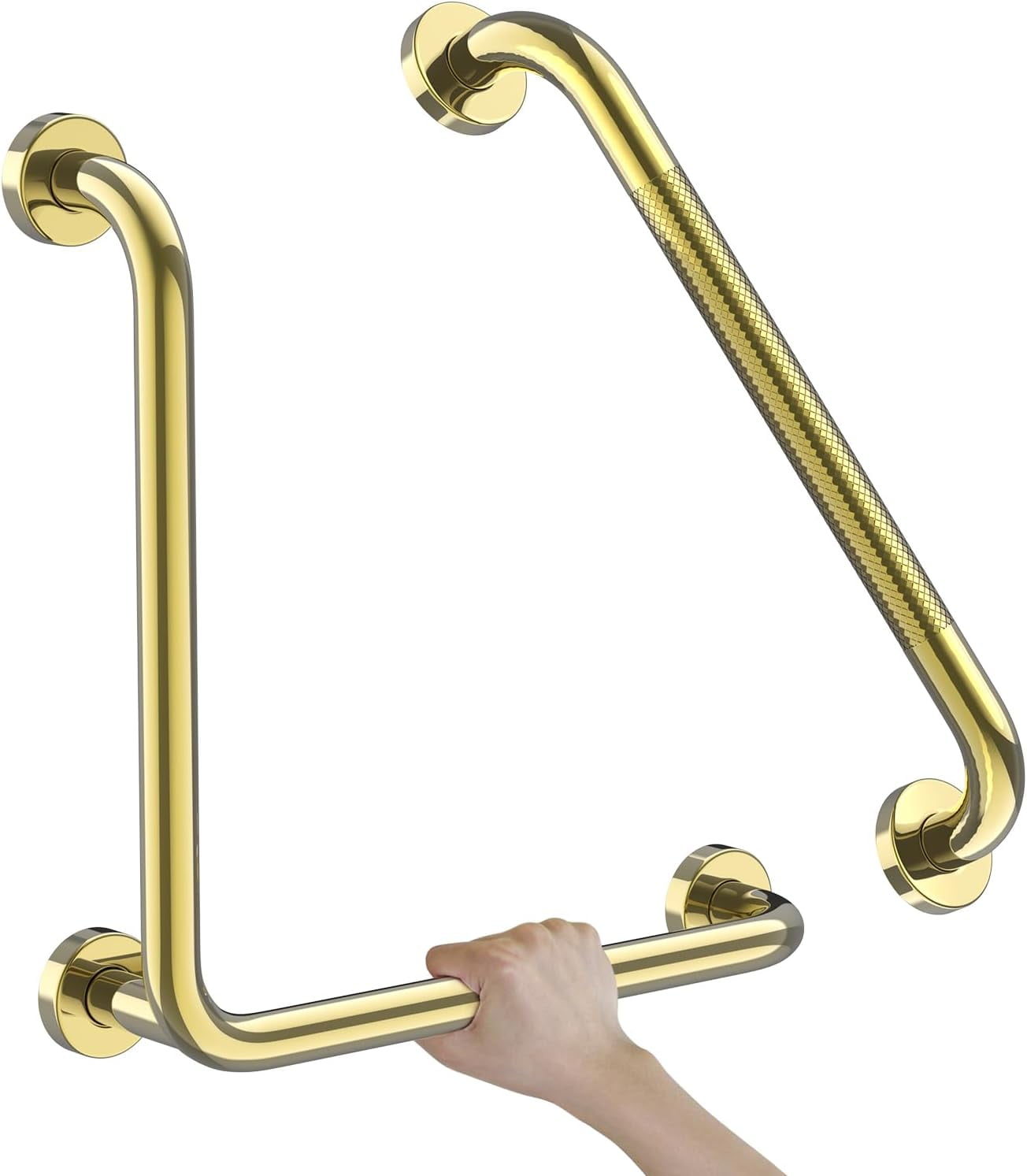 Polished Gold L-Shaped Grab Bar 16x16 Inch + Knurled Shower Grab Rail ...