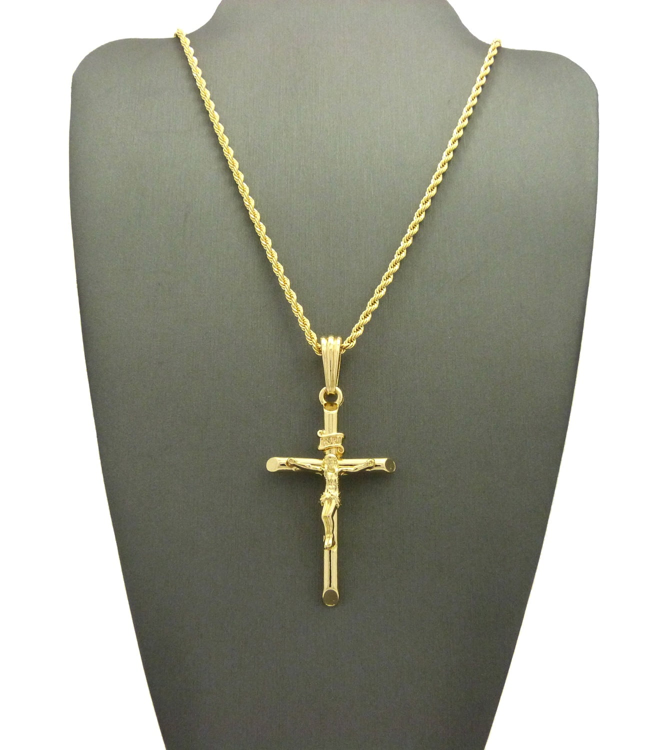 Polished INRI Crucifix Jesus Pendant with Chain Necklace - 3mm 18" Gold ...