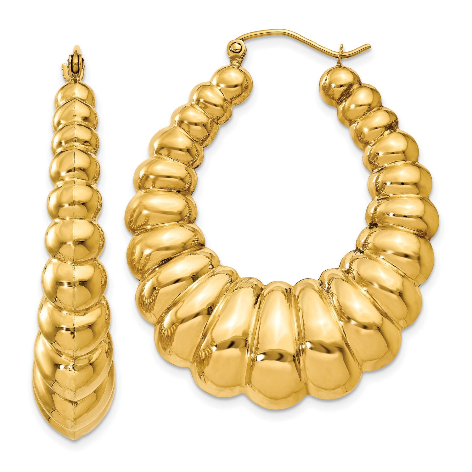 Polished Scalloped Shrimp Hinged Hoop Earrings in Real 14k Yellow Gold ...