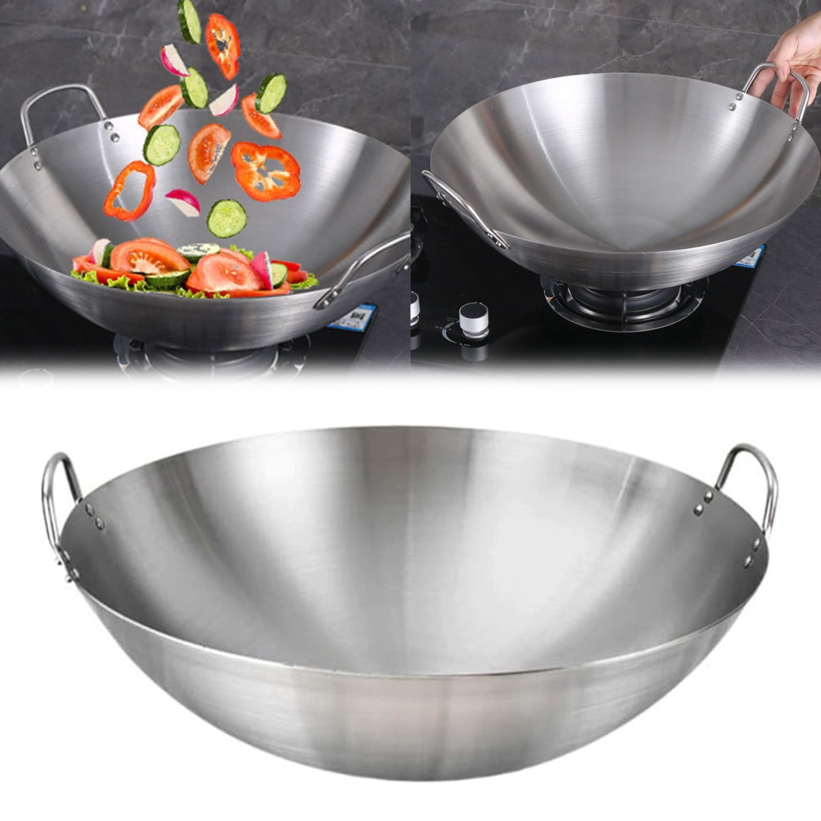 Polished Stainless Wok Round Bottom Wok With 2 Loop Handles Stainless ...