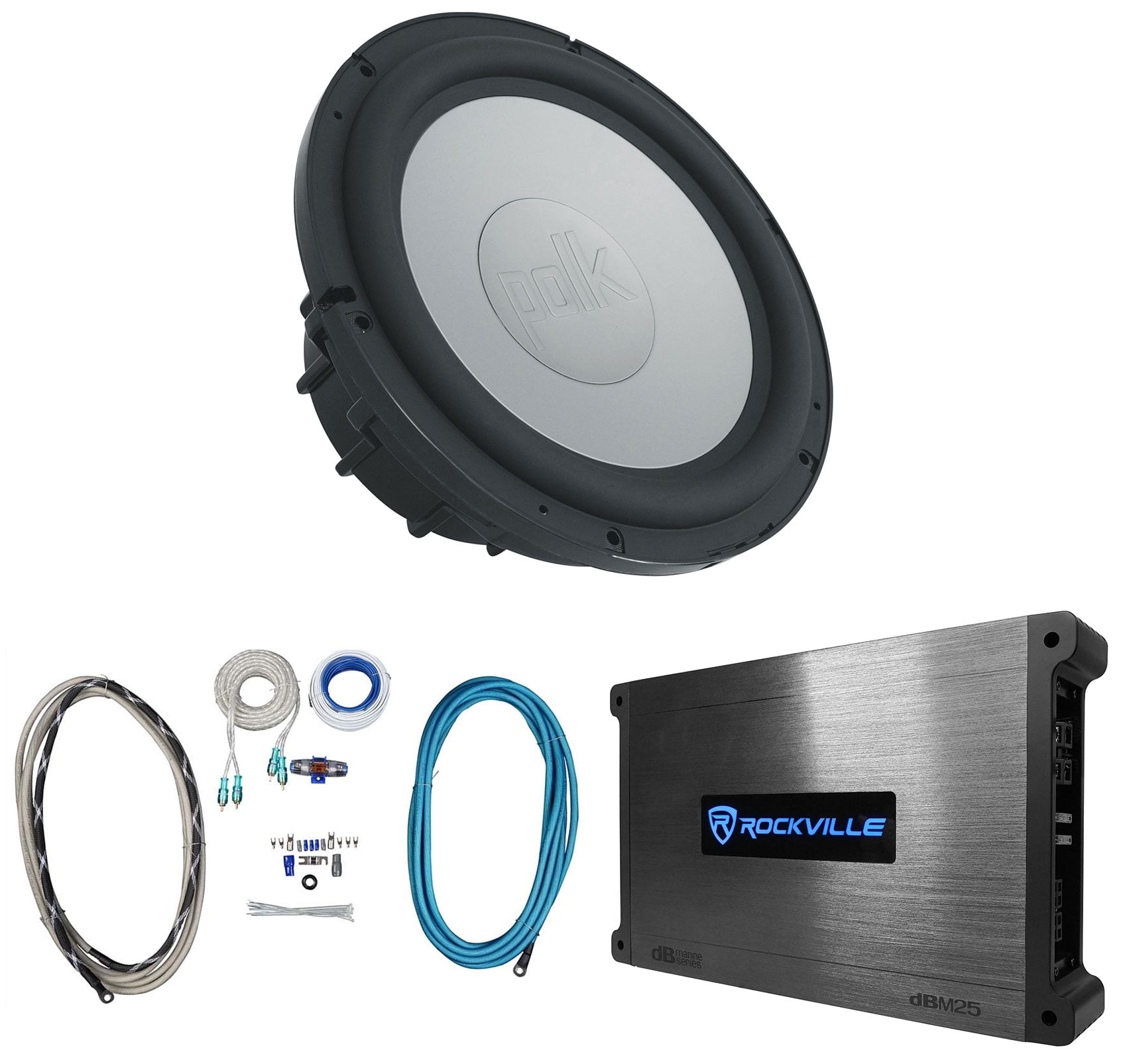 Polk Audio UMWS1000 Marine 10" Subwoofer 4 Ohm Boat Sub+Rockville Amp ...