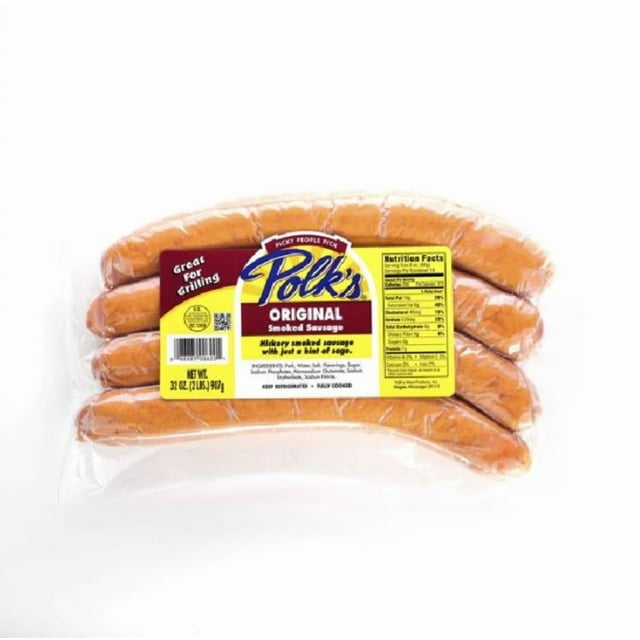 Polk's Original Hickory Smoked Sausage, Made with Pork, Fully Cooked, Keep Refrigerated, 32 oz ...