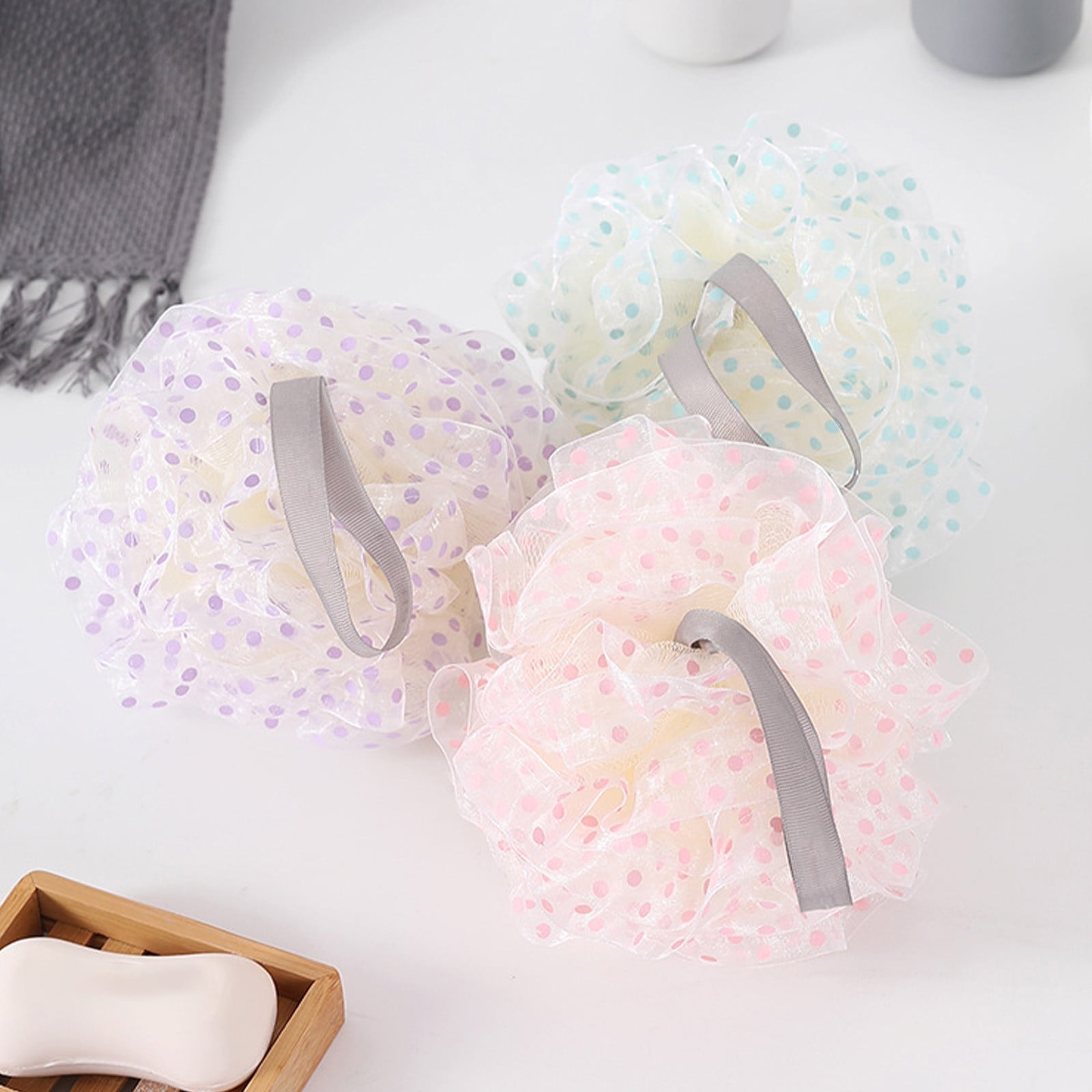 Polka Dot Bath Sponge - Textured Exfoliating Pouf with Hygienic Hanging ...