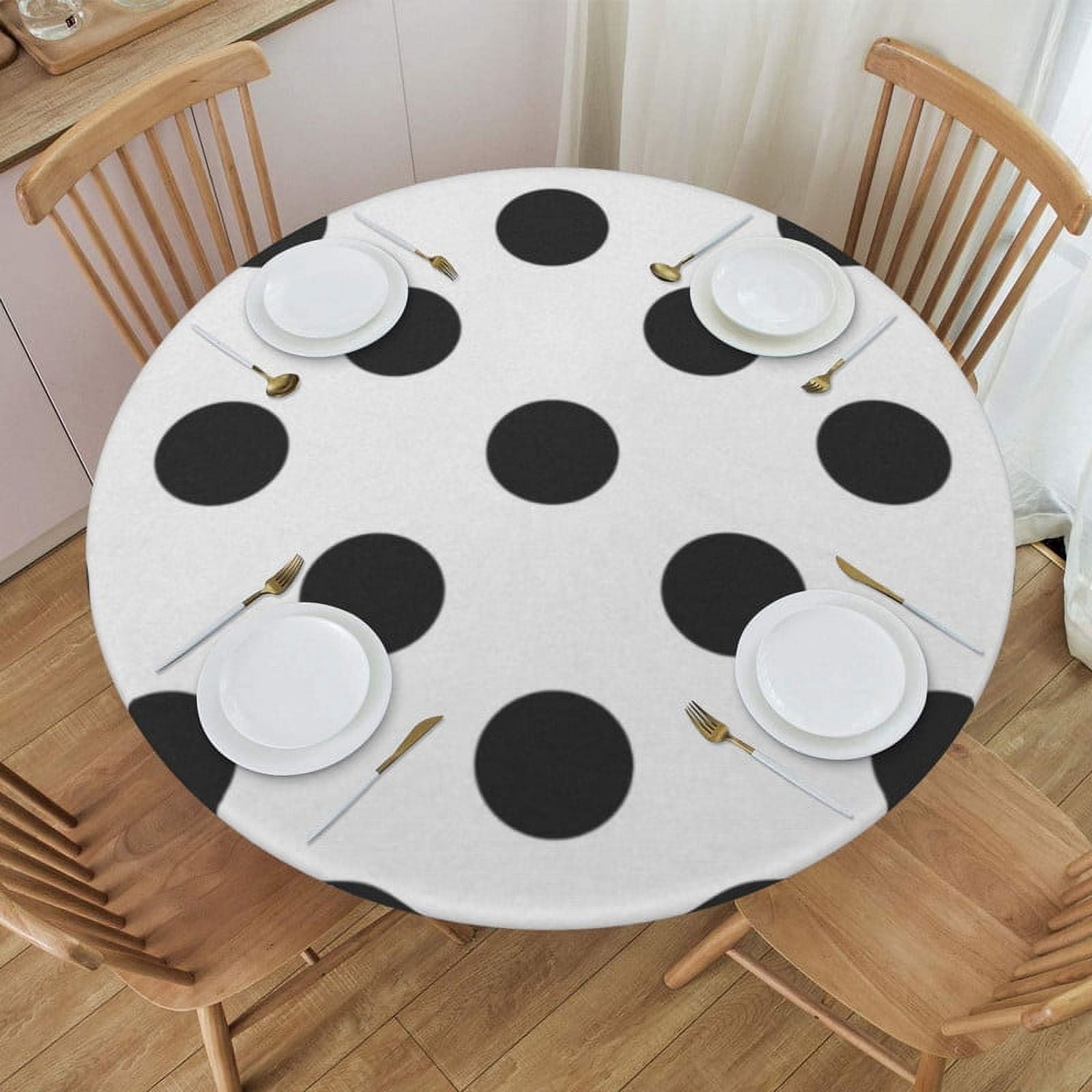 Polka Dot Black White Round Fitted Tablecloth with Elastic Fitted Table ...
