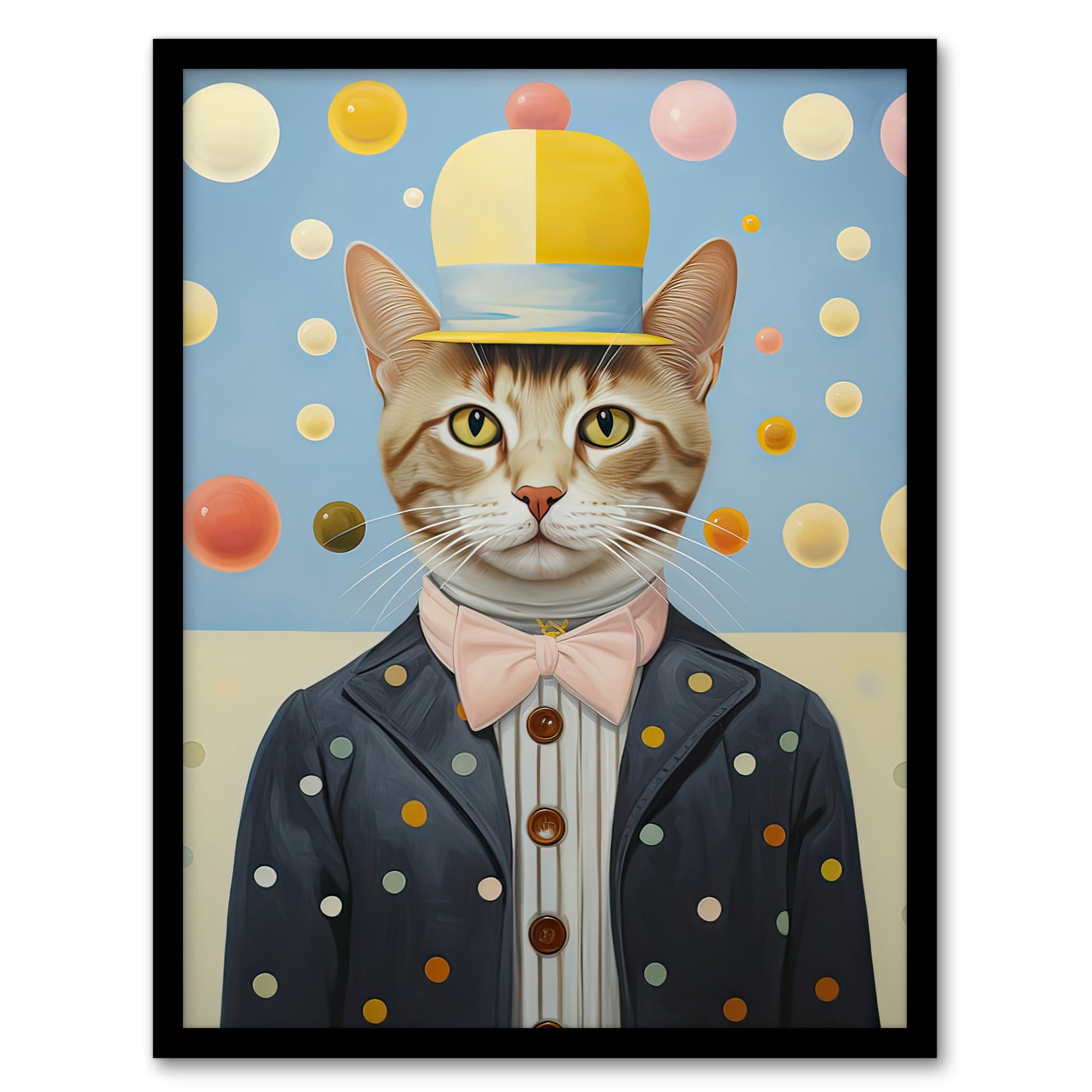 Polka Dot Cat Surreal Oil Painting Quirky Pet Portrait with Hat and Bow ...