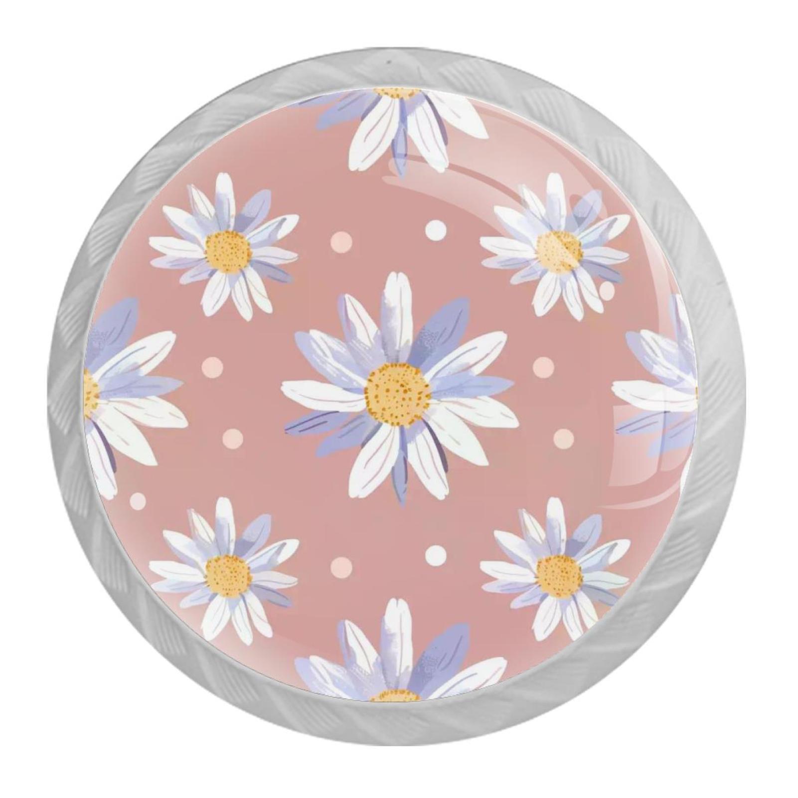 Polka Dot Daisies Pink Background Drawer Knobs, 4 Piece Set Decorative Kitchen Knobs, Pattern ...