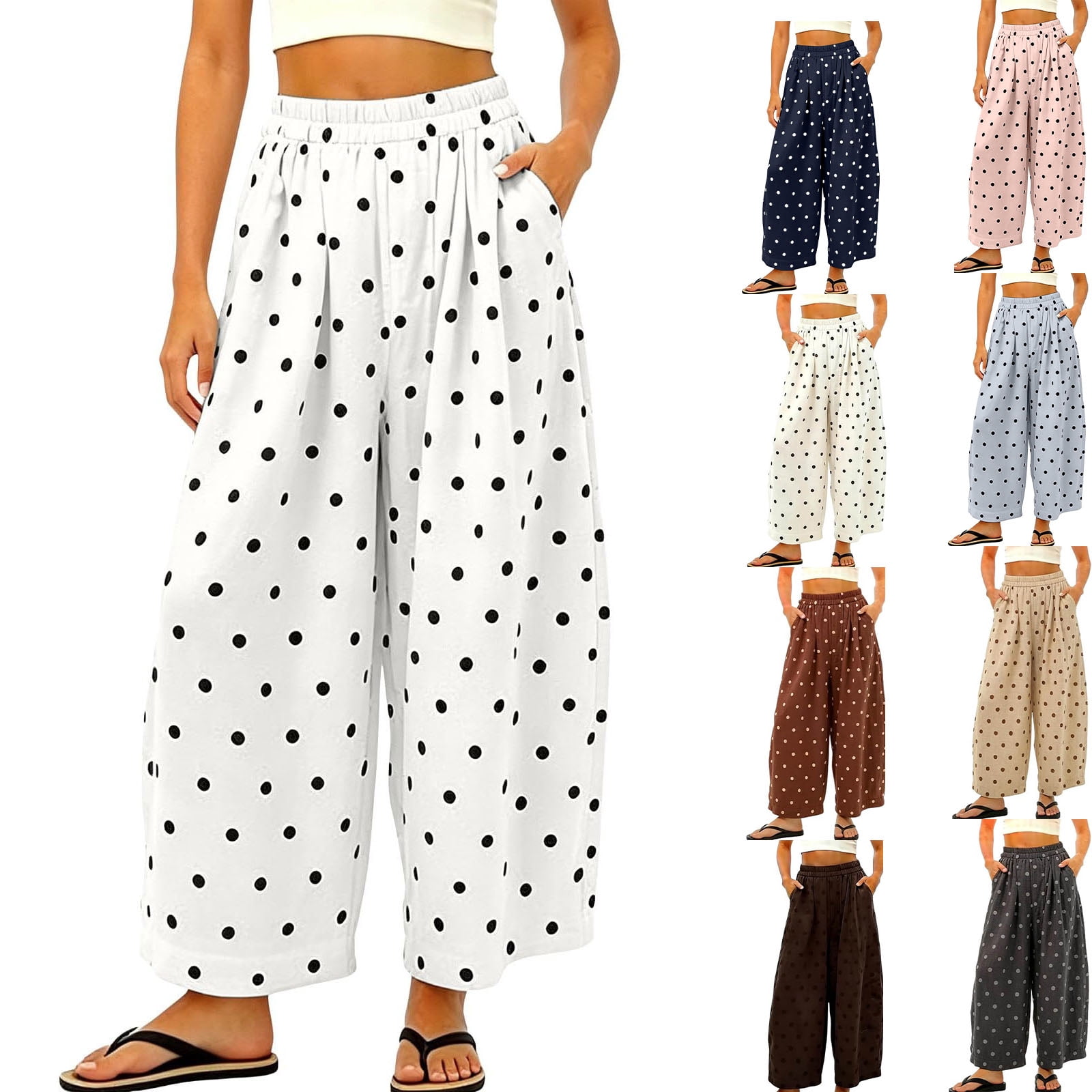 Polka Dot Pants for Women 2026 Summer Boho Beach Elastic Waist Wide Leg ...