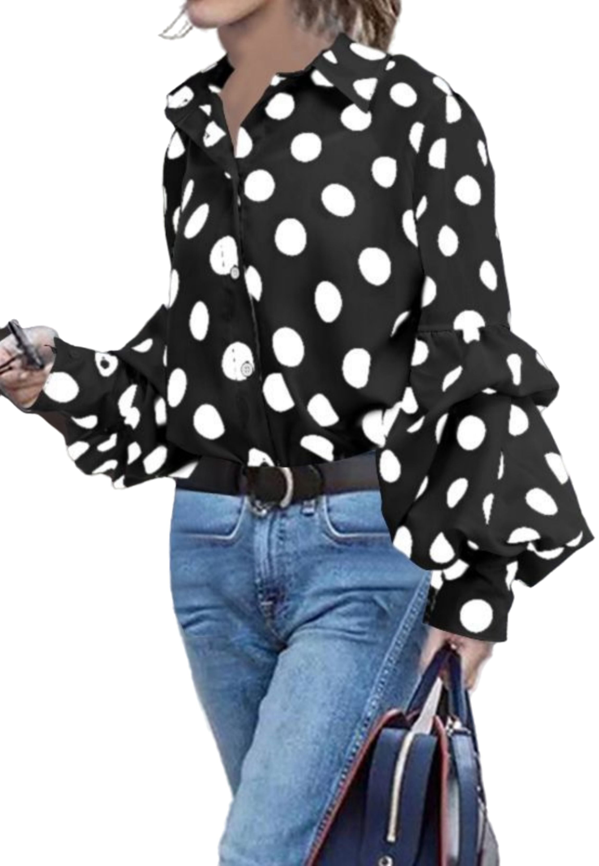 Polka Dot Print Layered Puff Sleeve Collared Blouse for Women Black ...