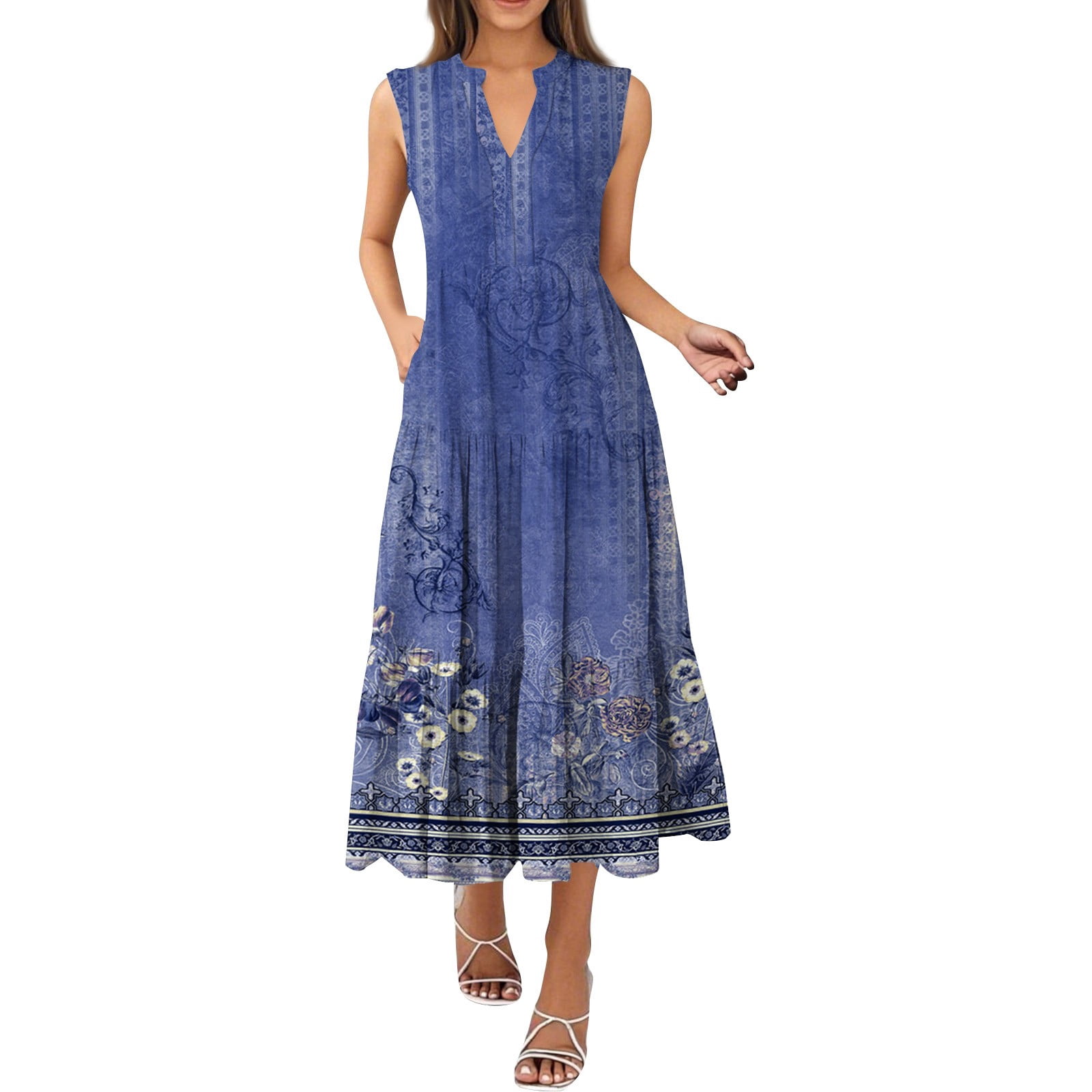 Polka Dot Print V-Neck Sleeveless Pleated Dress Summer Casual Swing ...