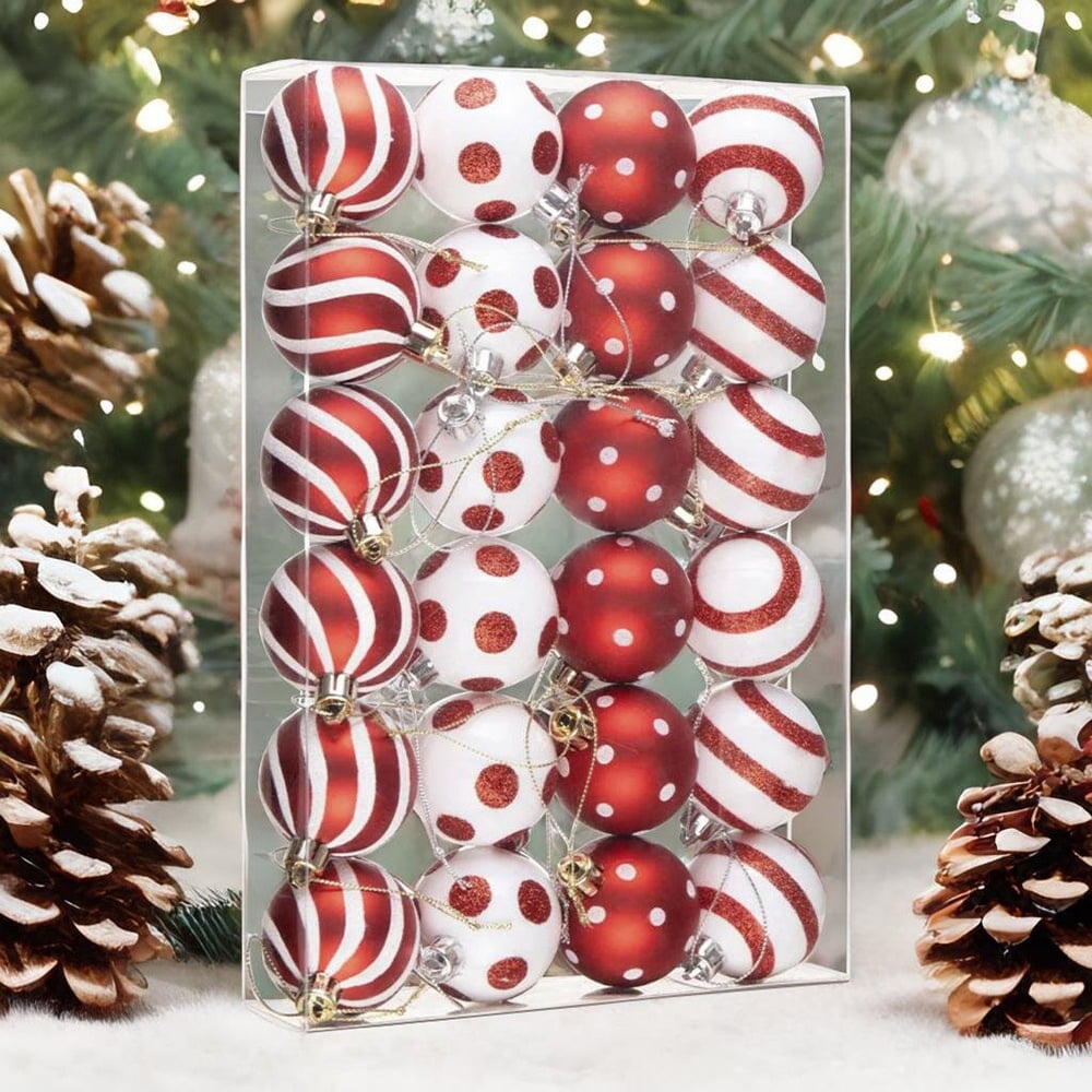 Polka Dot and Candycane Color Style Ornament Ball Bundle, Set of 24 Red ...