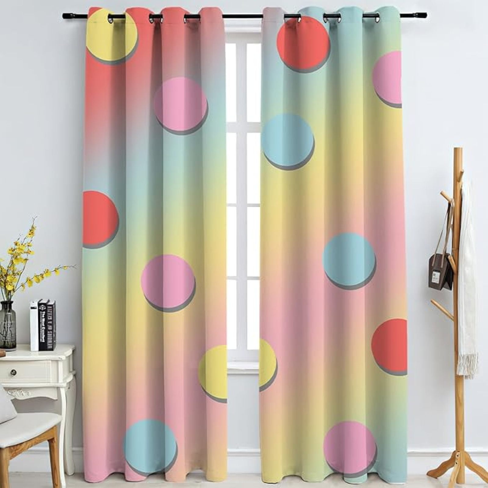 Polka Dots 3D Printed Drapes, Cute Rainbow Colors Abstract Circle Spots ...