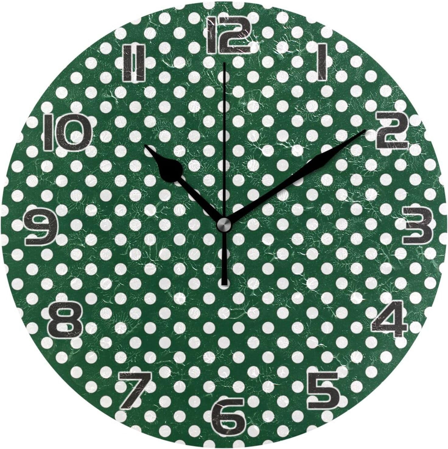 Polka Dots Green Wall Clock Round Vintage Silent Non Ticking Battery ...